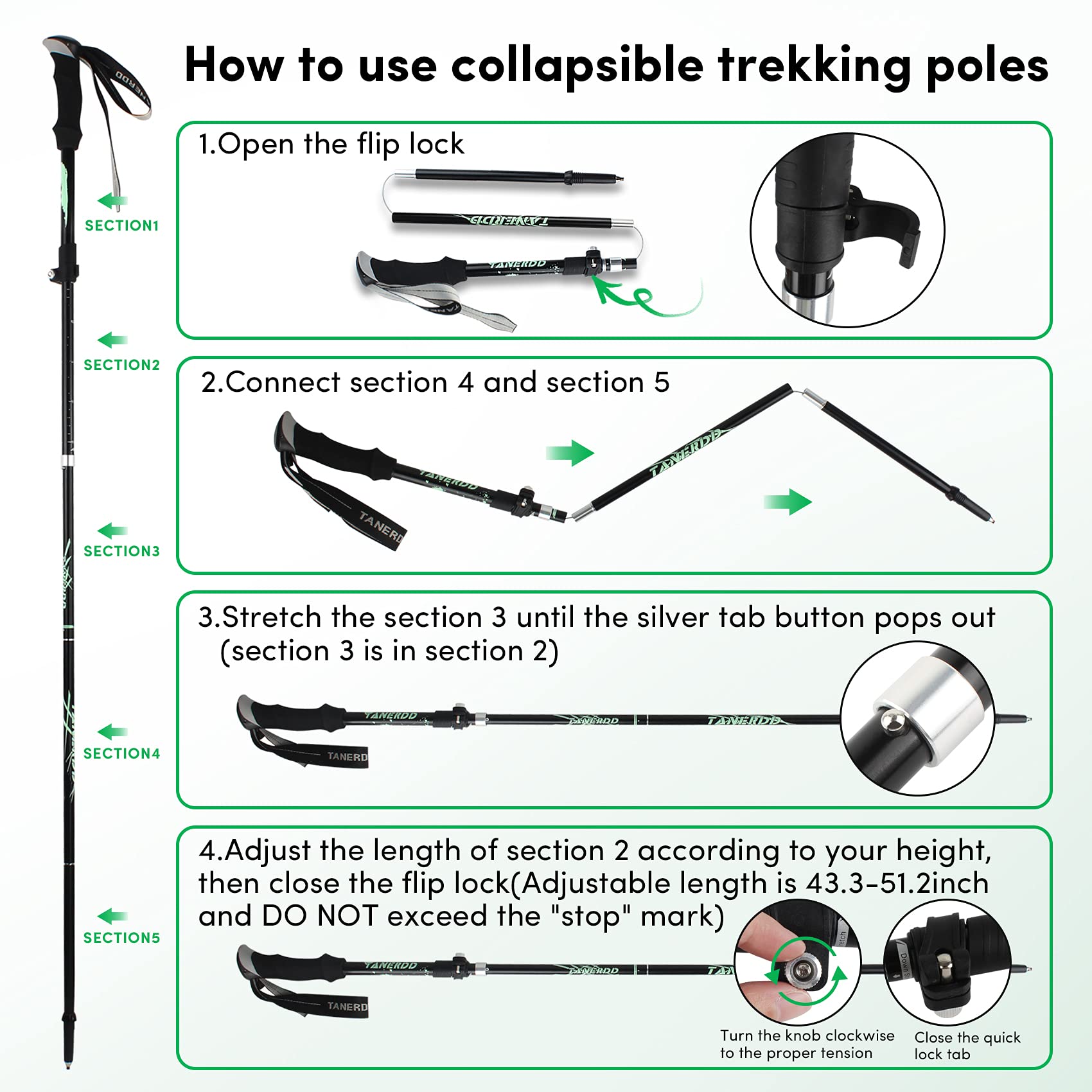 ORLANG Trekking Poles for Hiking - 2 Pack Lightweight Aluminum 7075 Walking Sticks for Hiking ,CollapsibleTelescopic Trekking Hiking Poles with Adjustable Quick Flip-Lock and EVA Handle - (Black)