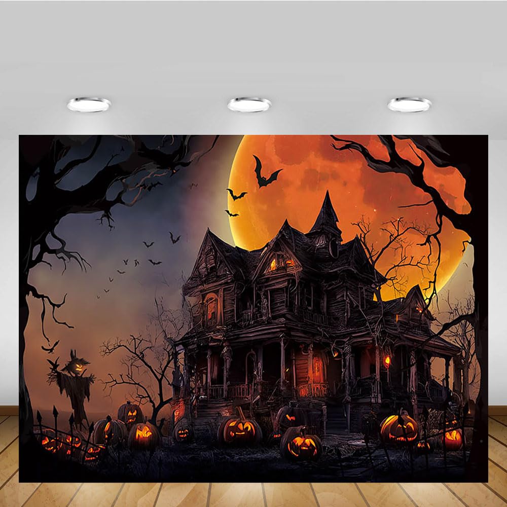 MEHOFOND 10x7ft Scary Halloween Backdrop Moon Night Full Moon Bat Scary Pumpkin Horrible Halloween Background Gloomy Woods Trees Flying Bats Scary Crows Party Decoration Banner Props