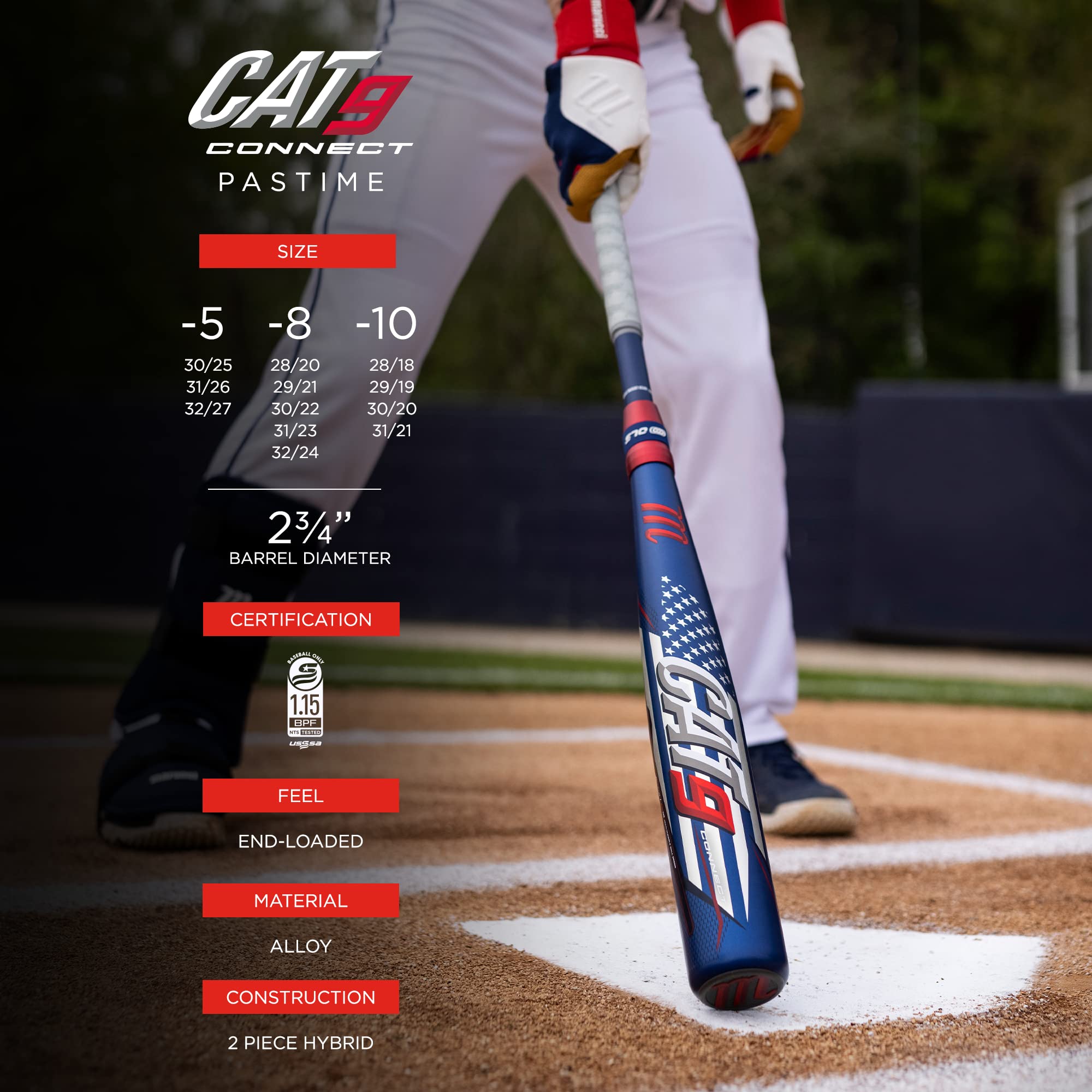 Marucci CAT9 CONNECT PASTIME -10 USSSA Senior League Metal Baseball Bat, 2 3/4" Barrel, 29"/ 19 oz