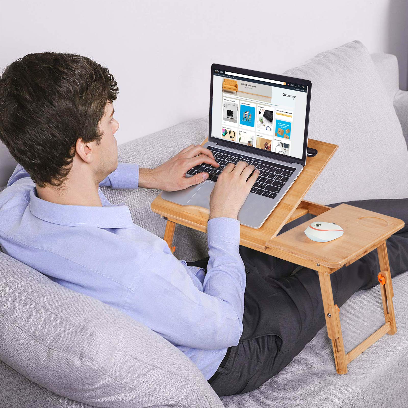 Lap Desk, DELAM Foldable Bamboo Laptop Bed Desk, Adjustable Height Breakfast Serving Bed Tray Table with Tilting Top Storage Drawer for Work Office Bedroom Reading Writing Eating
