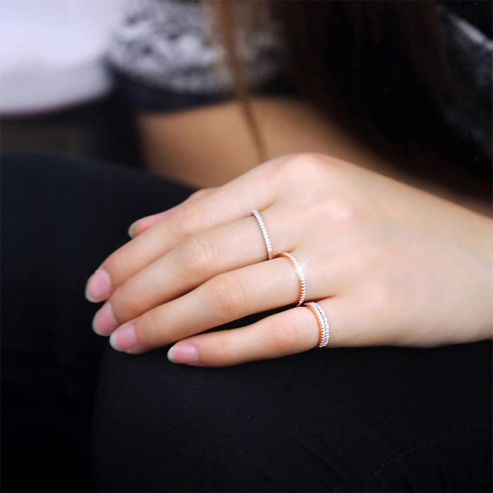 SILBERTALE 925 Sterling Silver 2MM Thin Rose Gold CZ Simulated Diamond Cubic Zirconia Ring Eternity Band Midi Knuckle Finger Engagement Wedding Band Stackable Rings For Her Size 6.5