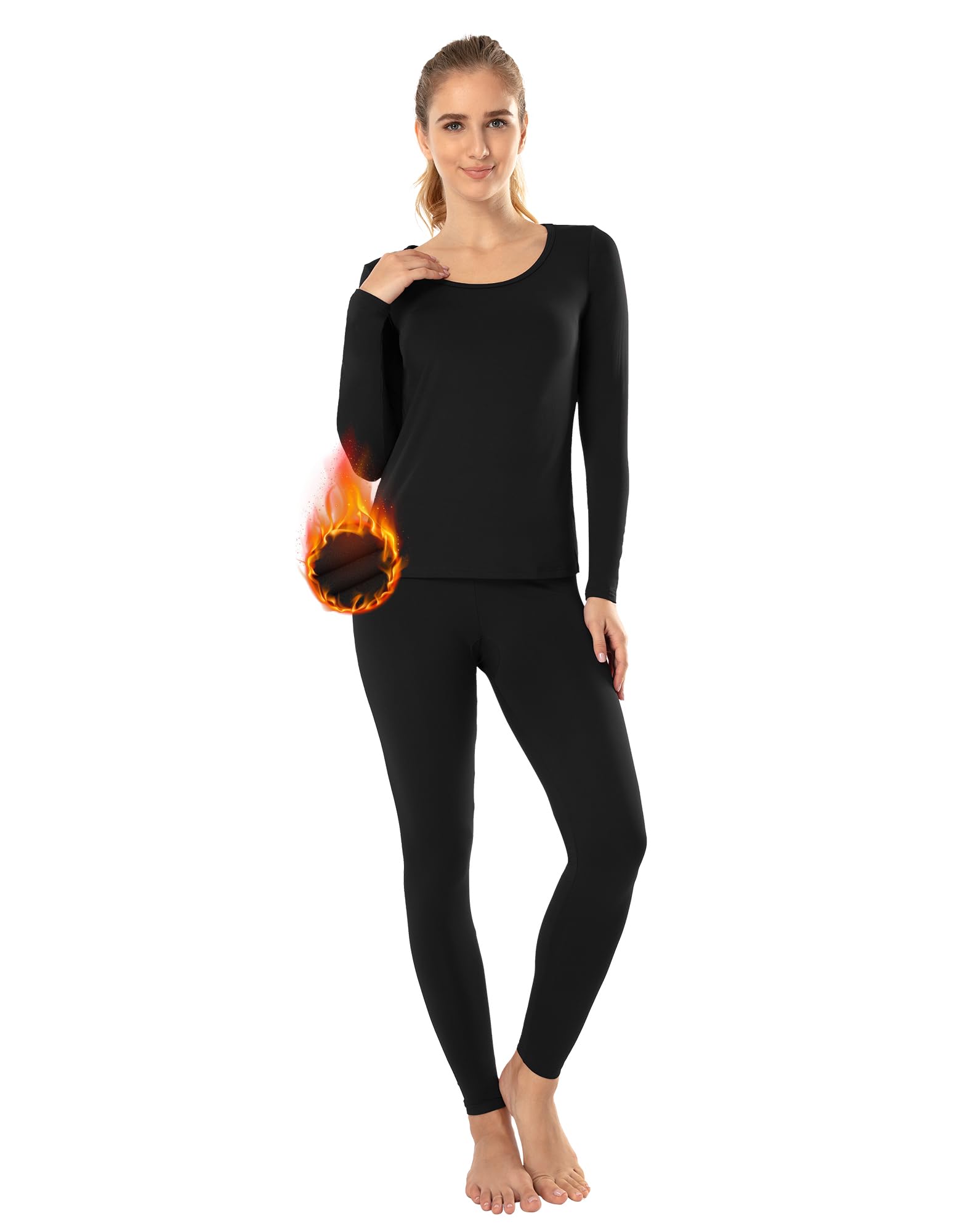 MANCYFIT Thermal Underwear for Women Long Johns Set Fleece Lined Ultra Soft Scoop Neck Black Large