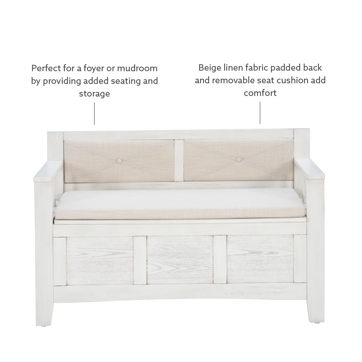 Linon Carlton White Storage Bench with Beige Upholstered Back and Cushioned Seat, Smokey Grey