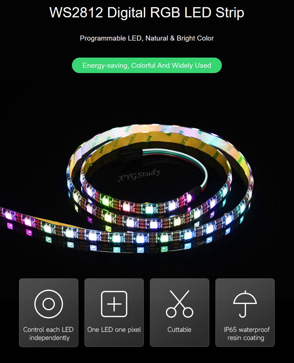 XYGStudy Programmable Energy-Saving WS2812 Digital RGB LED Strip with High Brightness, Low Power Consumption and Cuttable 1M
