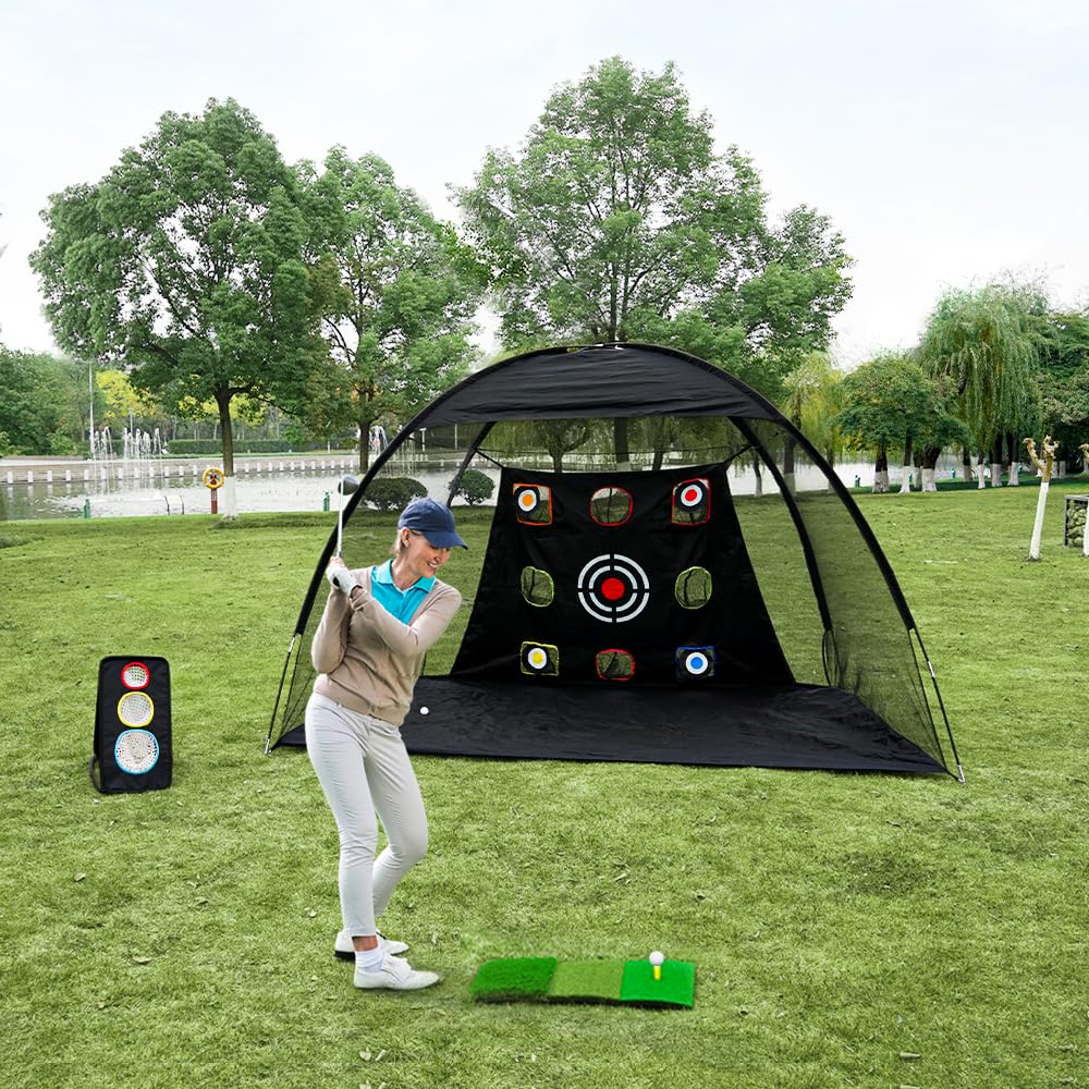 Premkid Golf Net,10 x 7ft Golf Hitting Nets for Backyard Driving, Indoor/Outdoor Golf Chipping/Swing Practice Nets with Targets and Mats (Basic Golf Net Set)