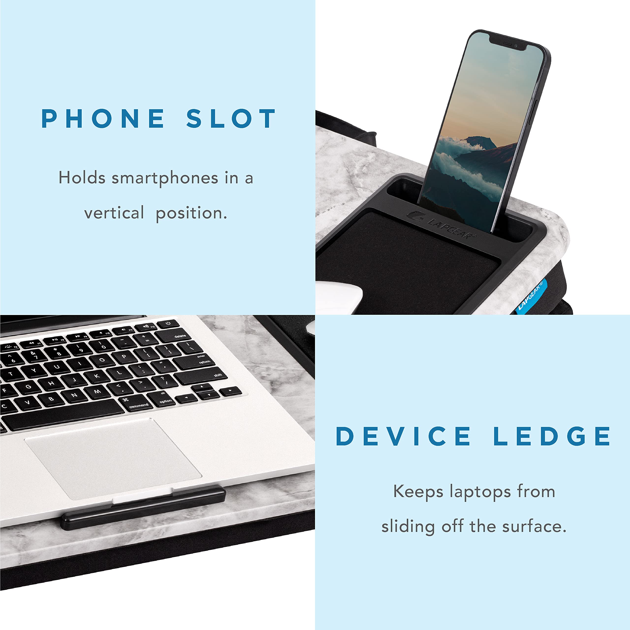 LAPGEAR Extra Large Adjustable Lap Desk with Gel Wrist Rest, Mouse Pad, Phone Holder, Device Ledge, and Booster Cushion - White Marble - Fits up to 17.3 Inch Laptops - Style No. 88101