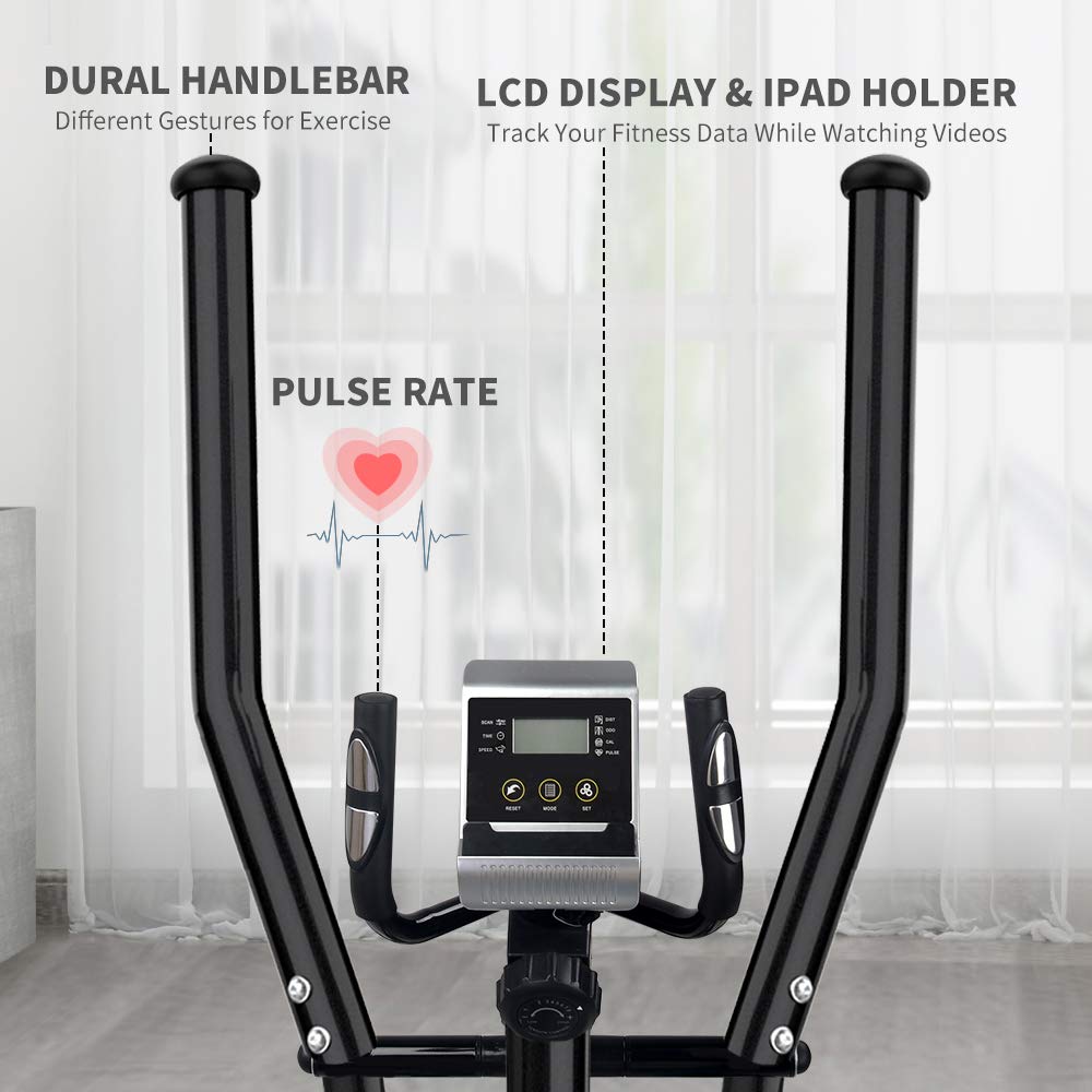 pooboo Elliptical Trainer Magnetic Elliptical Machines for Home Use Portable Elliptical Trainer with Pulse Rate and LCD Monitor (Primrose)