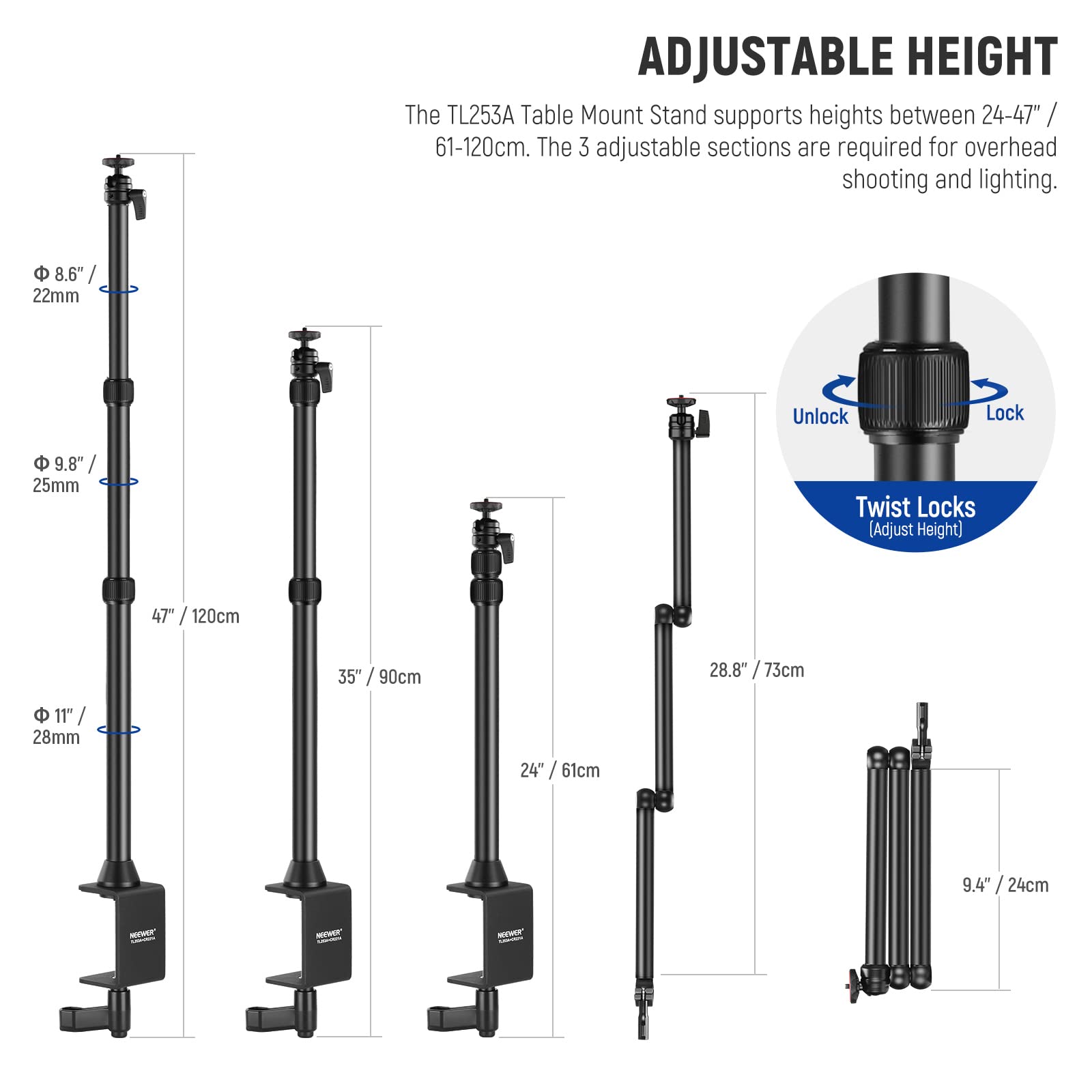 NEEWER Upgraded Tabletop Camera Mount Stand with 3 Section Flexible Arm, Overhead Height Adjustable Stand Mount with Phone Holder, Ball Head for DSLR Camera, Phone, LED Light, Webcam, TL253A+MH022