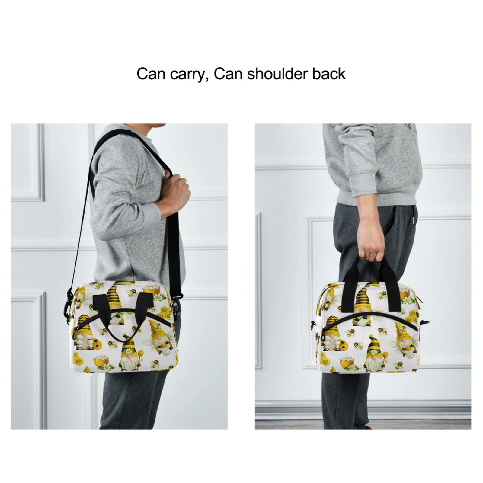 Oarencol Gnome Bees Honey Insulated Lunch Tote Bag Reusable Cooler Lunch Box with Shoulder Strap for Work Picnic School Beach