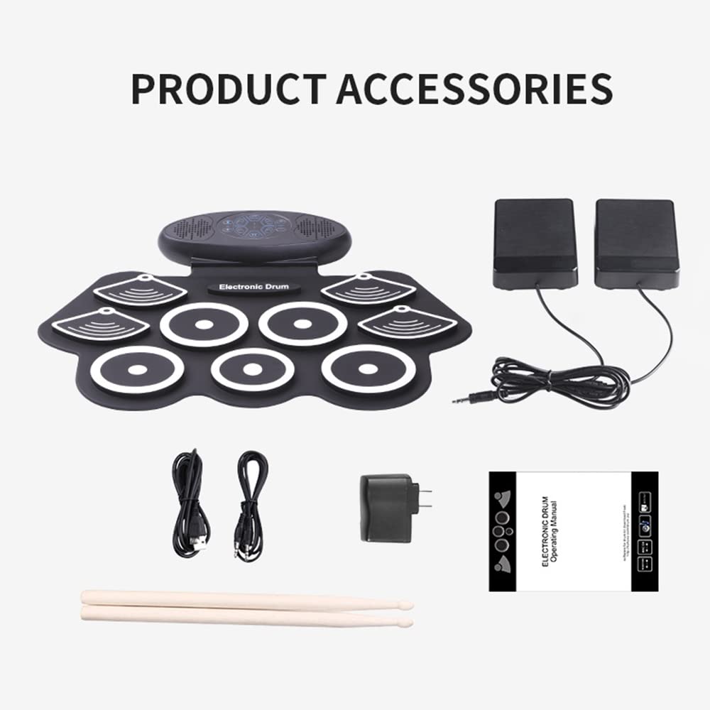 Taruor Portable 9 Pads Electronic Drum Set Roll Up Silicone Practice Drum Pad Built-in 2 Speakers Stereo Rechargeable Multifunction Tabletop Drum Support Recording Function/Audio Input/MIDI Output