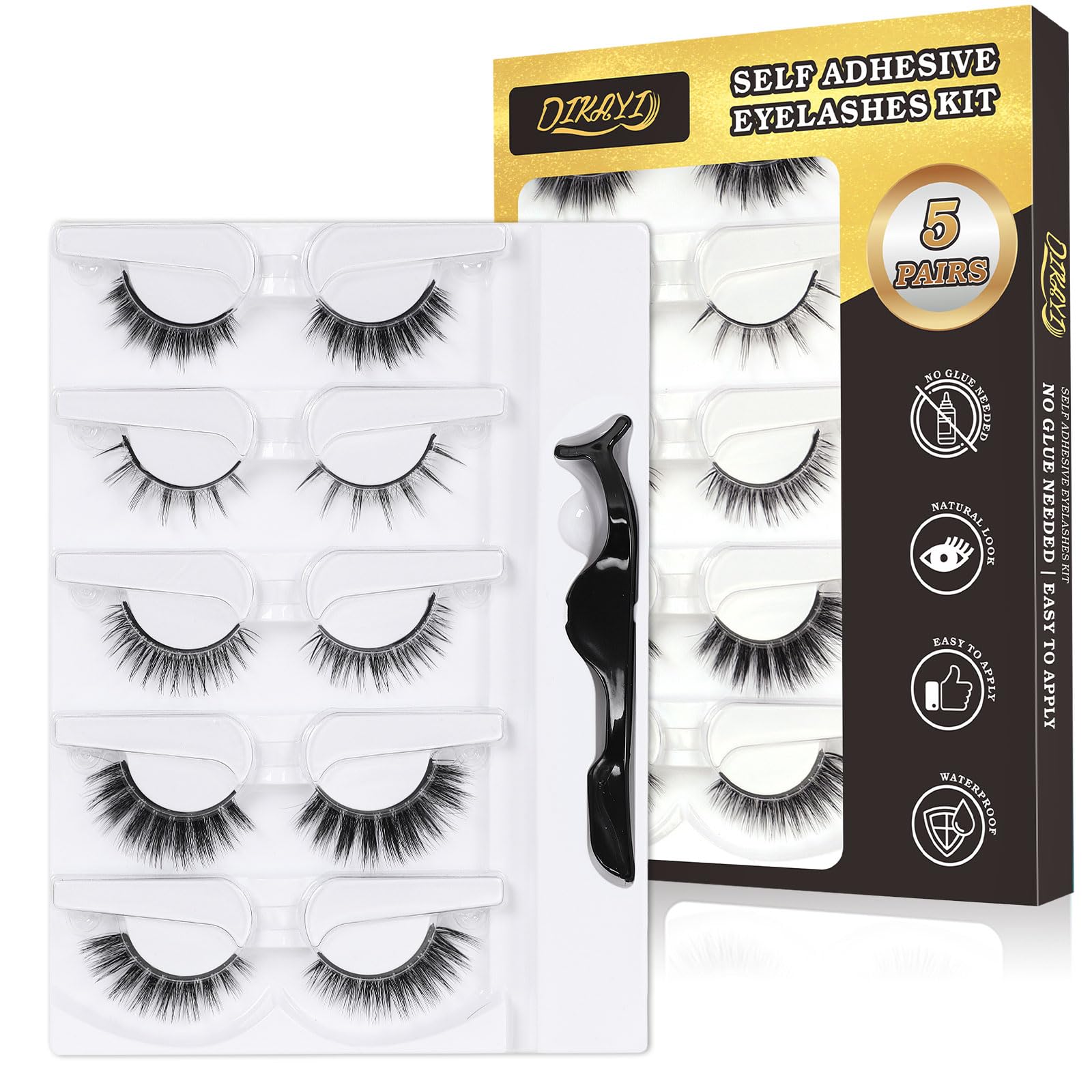 Natural Look Reusable Self-Adhesive Eyelashes - Glue-Free! Waterproof and Long-Lasting False Lashes Kit - Ideal for Beginners and Special Occasions - Includes Tweezers for Easy Application!