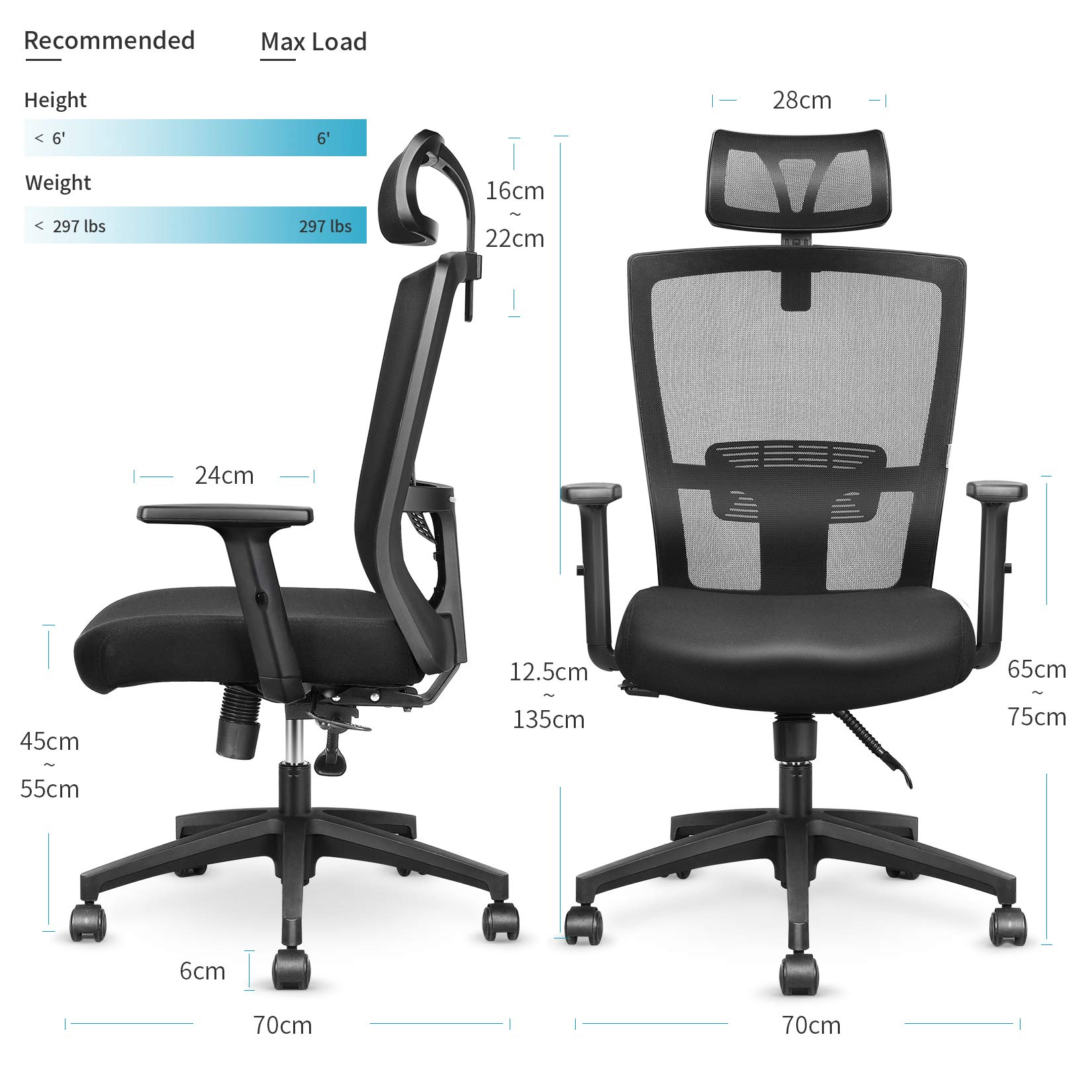 mfavour Ergonomic Office Chair with Lumbar Support Ergonomic Desk Chair Adjustbale Headrest and Armrest Thick Seat Cushion 135°Reclining & Rocking Computer Chair with Wheels for Home Office
