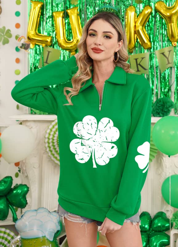 St Patricks Day Sweatshirt Women Long Sleeve Casual Half Zipper Sweatshirt Lapel Clover Pullover Tops Green XL