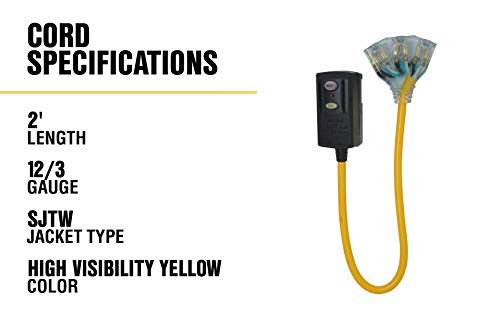 Woods 2814 Coleman Power Block with Gfci; 125 V; 15 A; 12/3 Awg Sjtw; 3-Outlet; Yellow