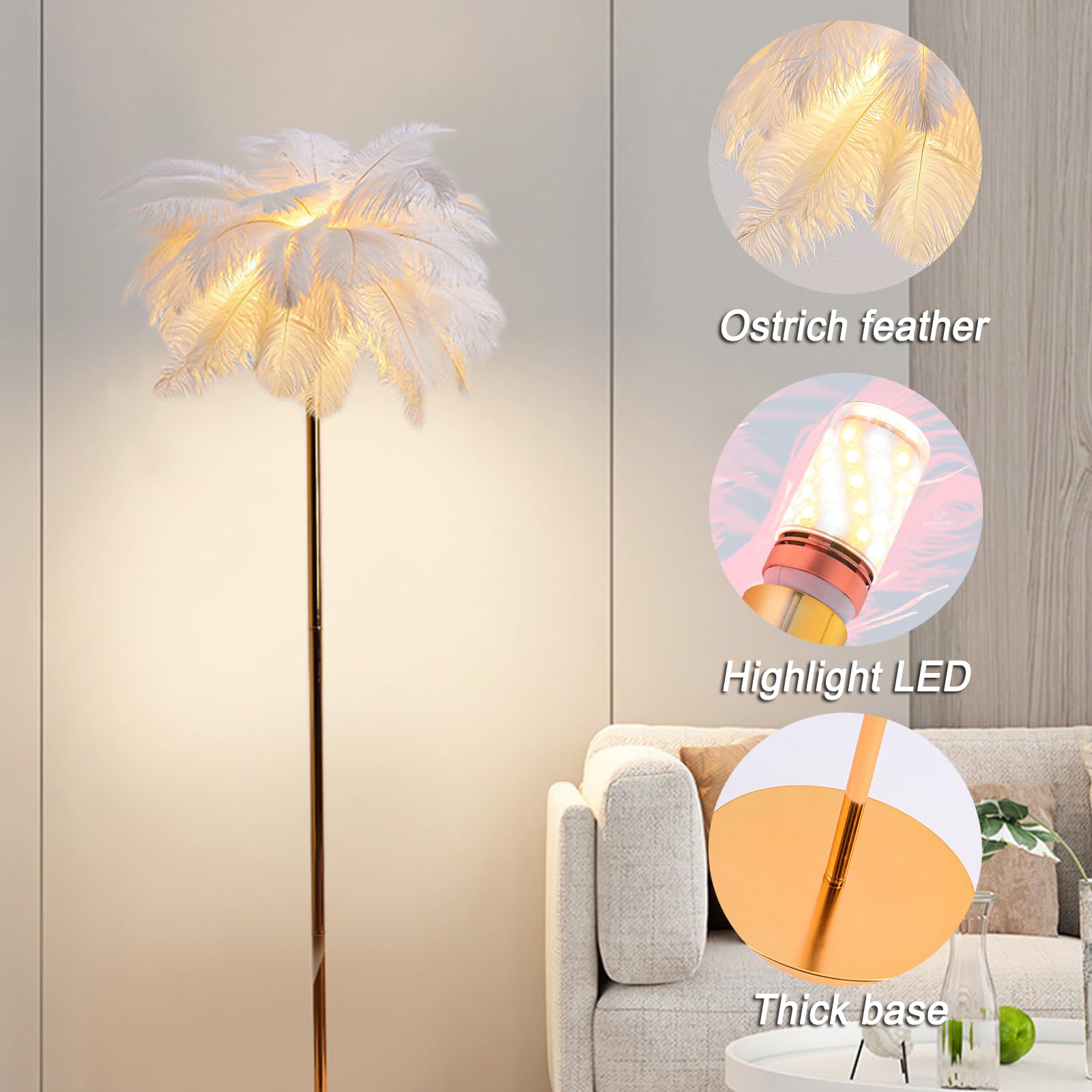 Natural Ostrich Feather Floor Lamp, Simple Modern Bedroom and Living Room Standing Lamp, Decor Corner Floor Lamp with Feather lampshade Dimmable Floor Standing Lamp for Bedroom Study Office (White)