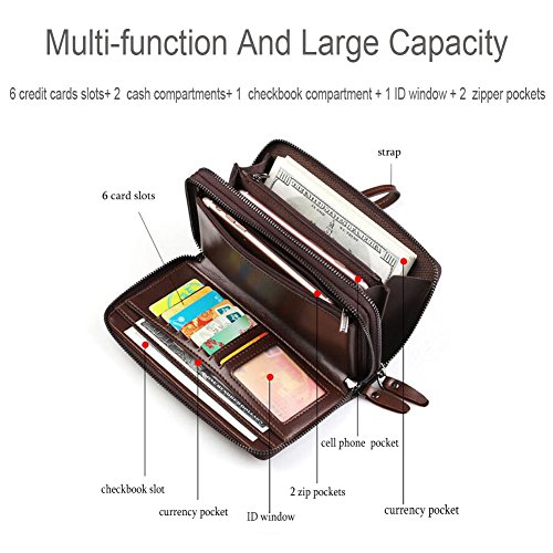 Mens Clutch Bag Handbag Genuine Leather Purse Zipper Long Wallet Business Large Hand Clutch Phone Holder