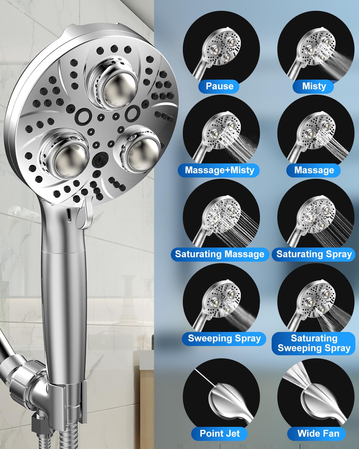 Surpzon Filtered Massage Shower Head with Handheld Spray Combo, 10 Modes High Pressure Shower Heads with 3 Massage Beads, Detachable Shower Head with 59" Hose & Replaceable Filters for Hard Water