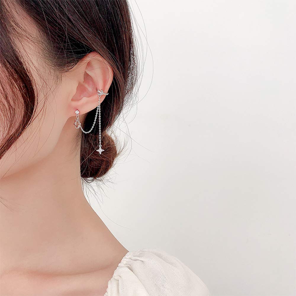 Planet CZ Moon Star Ear Cuff Wrap Clip On Clawler Climber Hoop 925 Sterling Silver Stud Chain Threader Tassel Asymmetric Earrings for Women Cute Hypoallergenic Gifts Daughter Bff (silver)