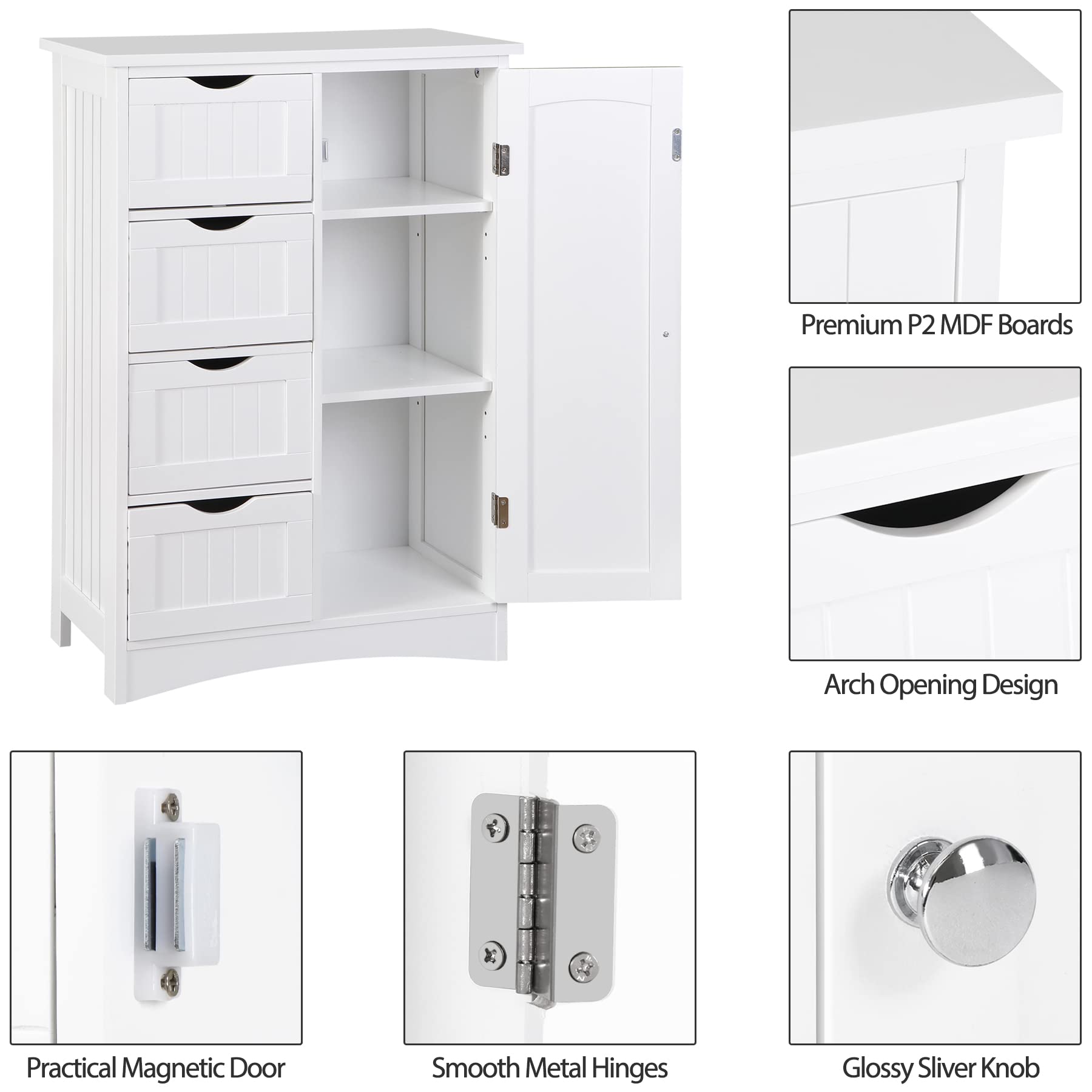 ZENY Bathroom Floor Storage Cabinet, Side Storage Organizer with 4 Drawers and 1 Cupboard, Adjustable Shelf Freestanding Entryway Storage Unit for Living Room/Bathroom, White