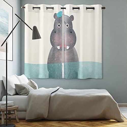 Possta Decor Window Curtain Drape Cartoon Hippo Blue Stream,Durable Panel Set with Grommet Top,Grey Animal River Horse Machine Washable Window Treatments for Kitchen Living Room