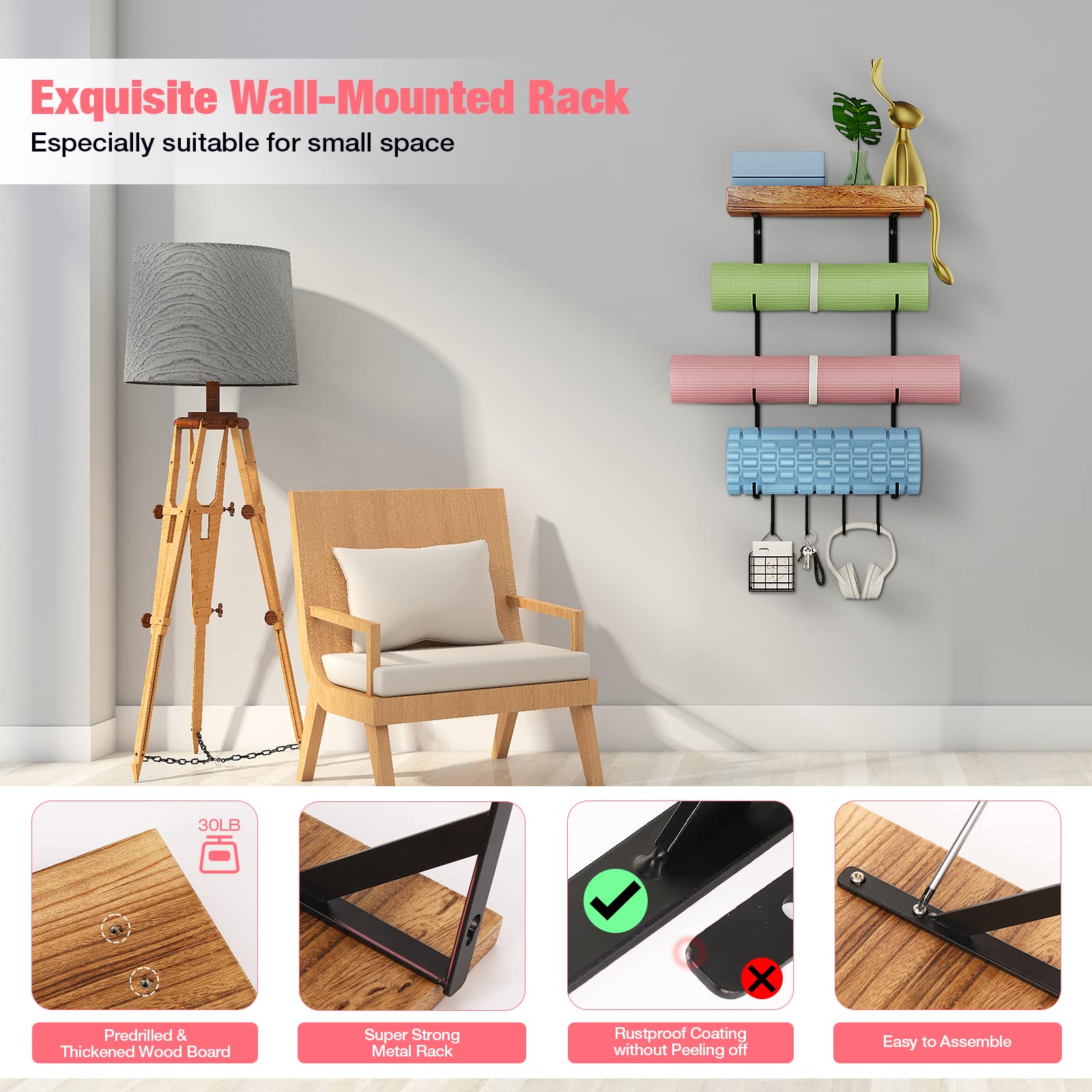 Rhino Valley Yoga Mat Holder Wall Mount, Yoga Mat Organizer Home Gym Accessories Decor Wall Hanger 3-Layer Storage Rack with 4 Hooks Floating Shelf for Foam Roller Resistant Bands Workout Equipments