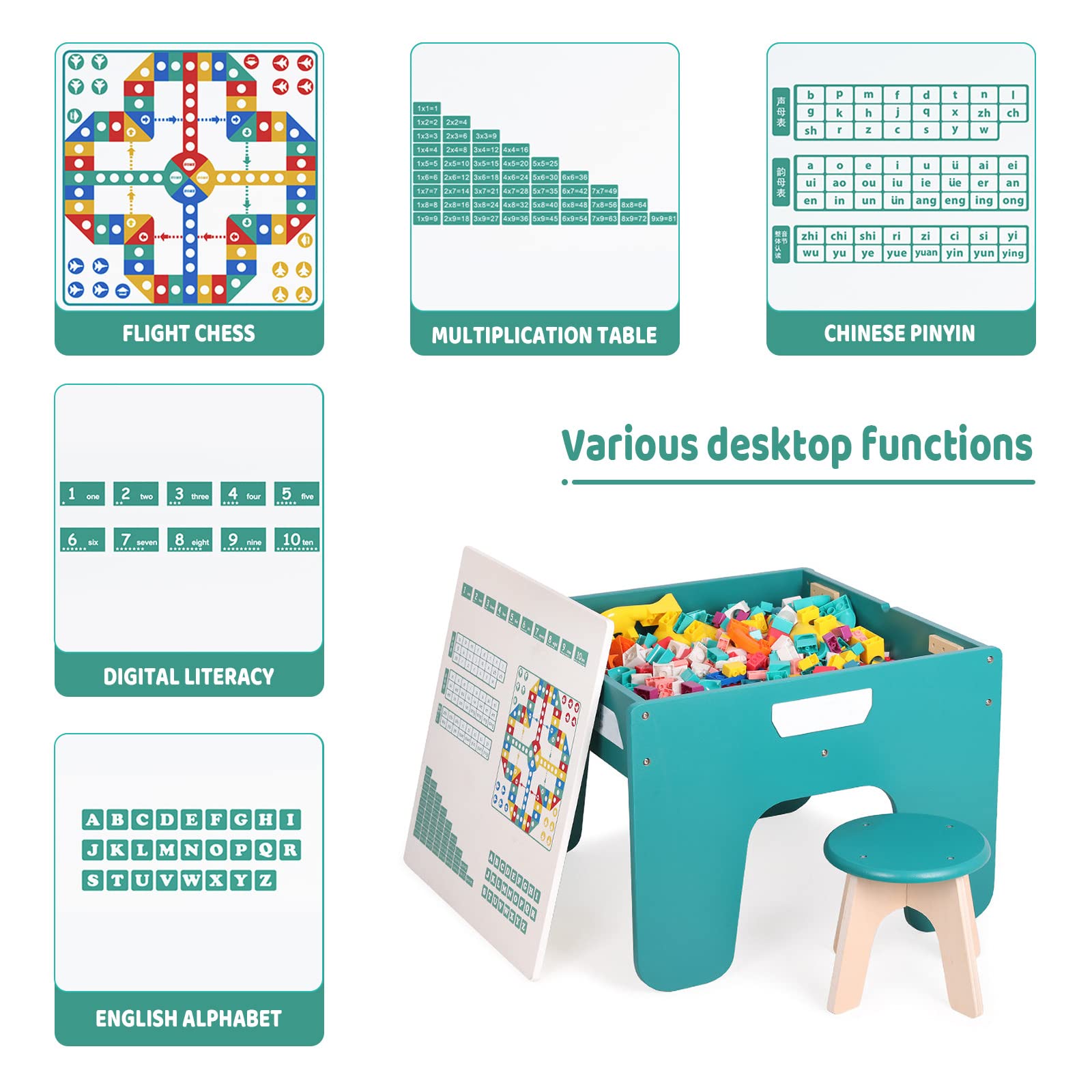 TRENDBOX 7 in 1 Activity Table for Toddlers, Wooden Kids Table and Chair Set with 200Pcs Building Blocks, All-in-One Kids Play Table, Drawing Table, Learning Table, Eating Table for Toddlers 1-5