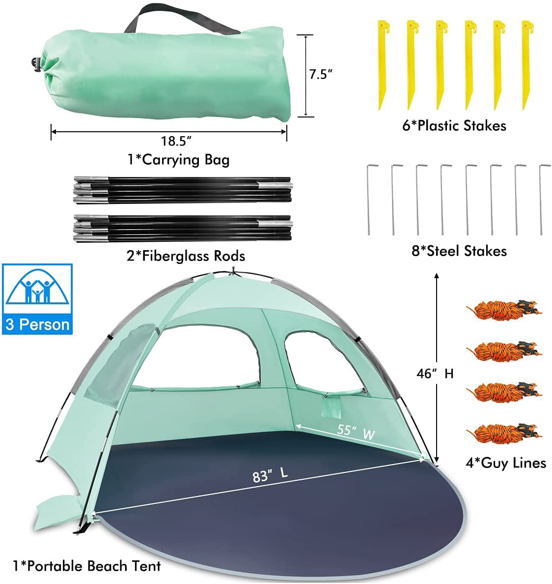 NXONE Beach Tent Sun Shade Shelter for 2-3 Person with UV Protection, Extended Floor, 3 Mesh Roll Up Windows & 8.0mm Fiberglass Rods丨Carry Bag Included (Mint Green)