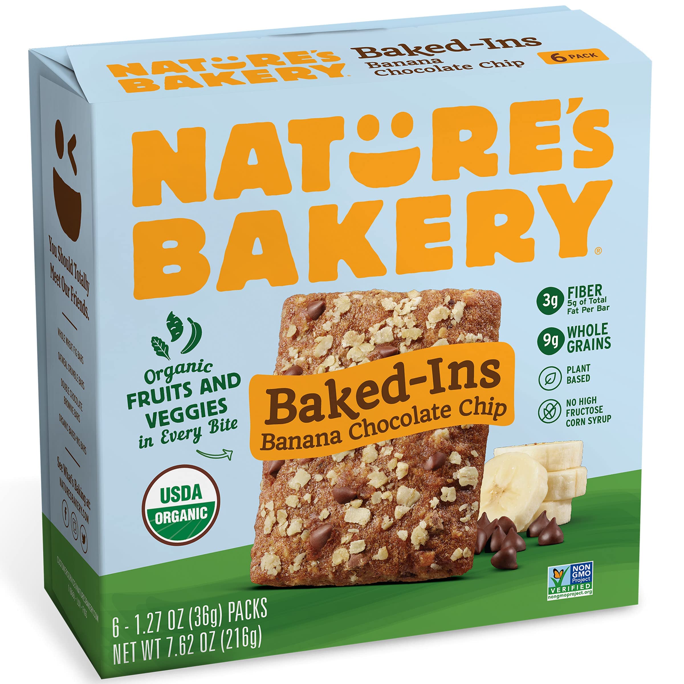 Nature's Bakery Baked-Ins Bars Banana Chocolate Chip, Organic Fruits & Veggies, Vegan, Non-GMO, Organic Snack, 1 box With 6 Packs