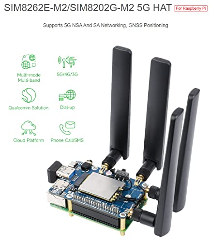 Waveshare SIM8202G-M2 5G HAT Compatible with Raspberry Pi Quad Antennas 5G NSA, Multi-Band, 5G/4G/3G Compatible with Case
