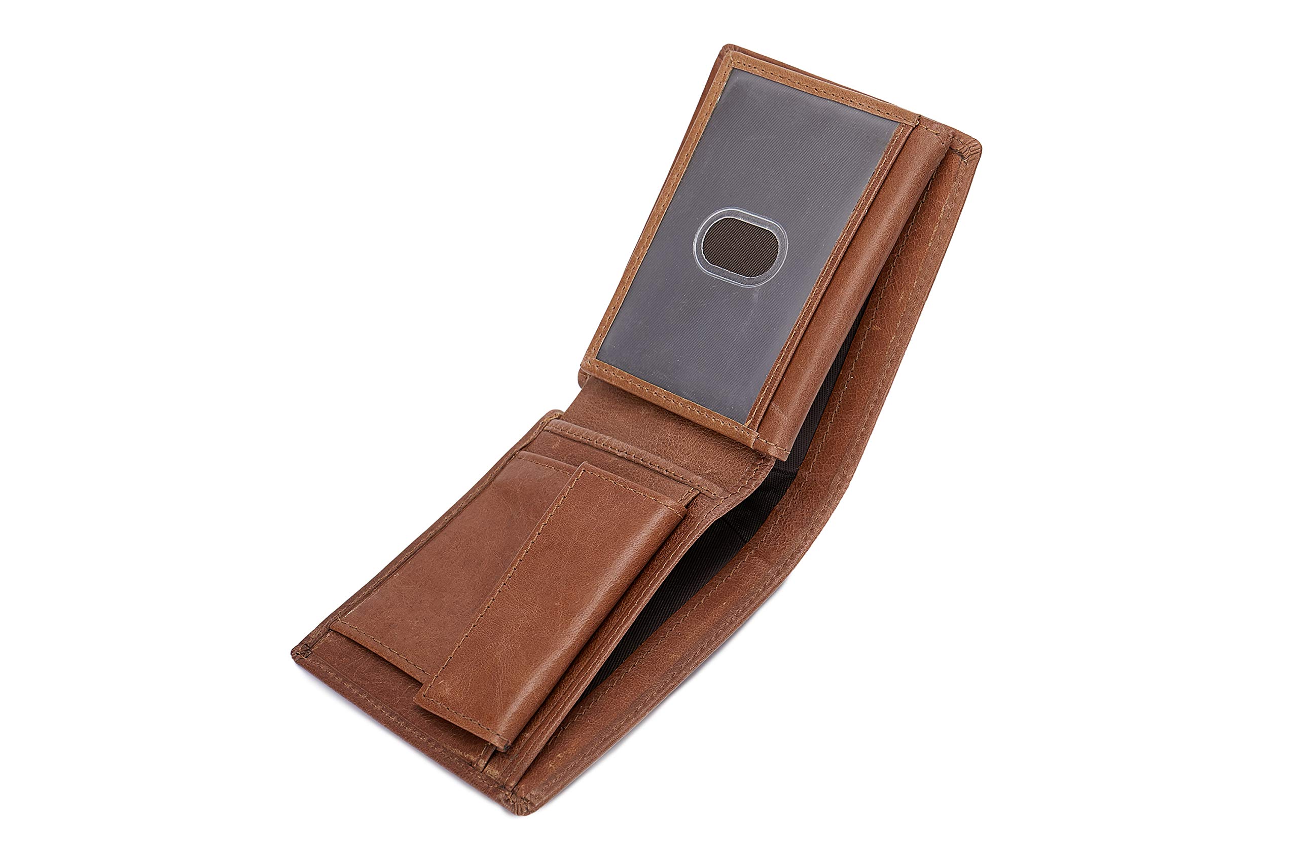 Mens Leather Wallet RFID Blocking Slim Bifold With Flip Multi-Card Case Holder ID Window Brown