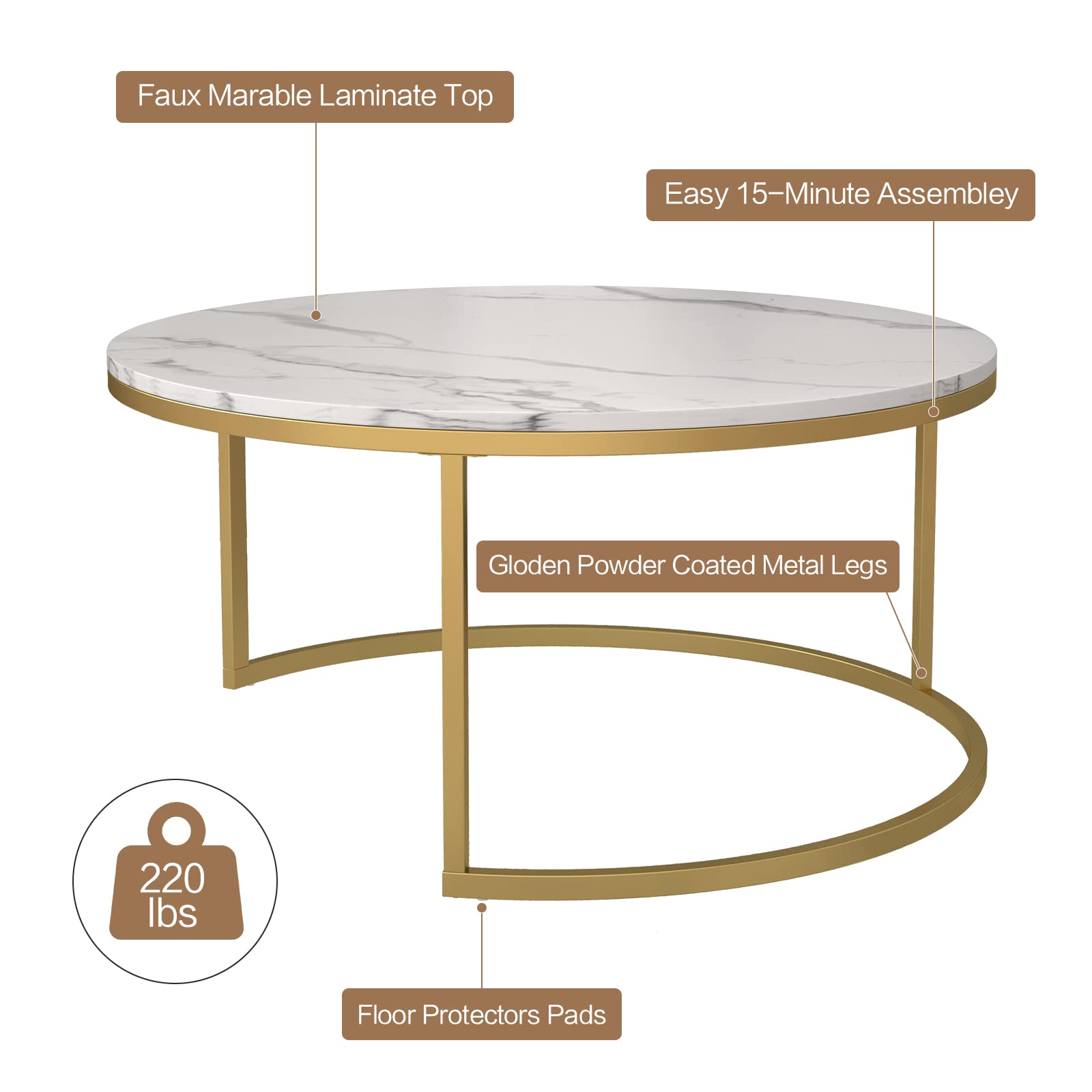 Modern Nesting Coffee Table, Marble Look Sofa Side Nest of Tables Round End Tables, Set of 2, Golden Color Frame with Wood Top- 32β& 24β Table Set