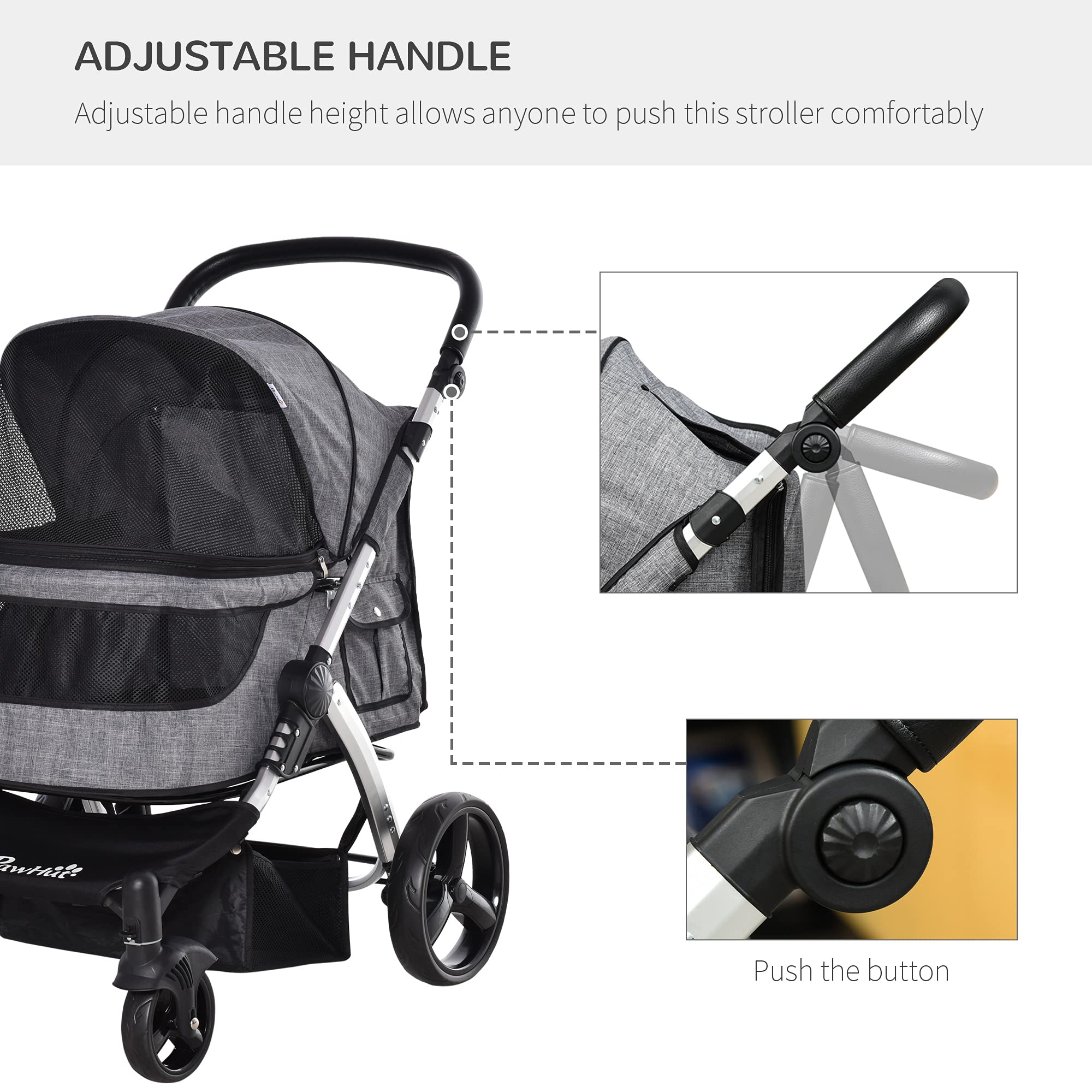 PawHut Pet Stroller Foldable Dog Cat Travel Carriage with Adjustable Handlebar PVC Wheel Brake Storage Bag Mesh Window Safety Leash Aluminum Grey