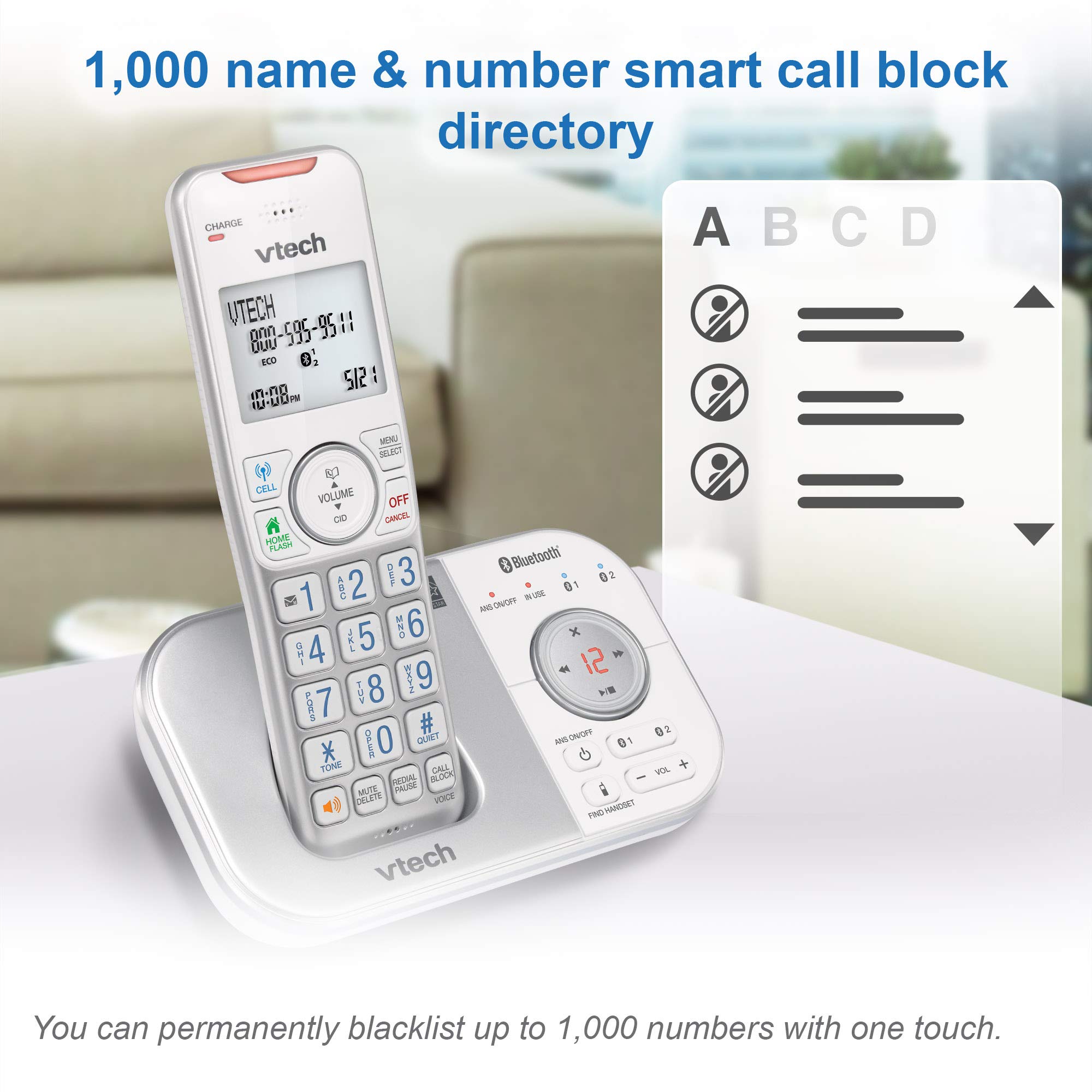 VTech VS112-27 DECT 6.0 Bluetooth 2 Handset Cordless Phone for Home with Answering Machine, Call Blocking, Caller ID, Intercom and Connect to Cell (White)