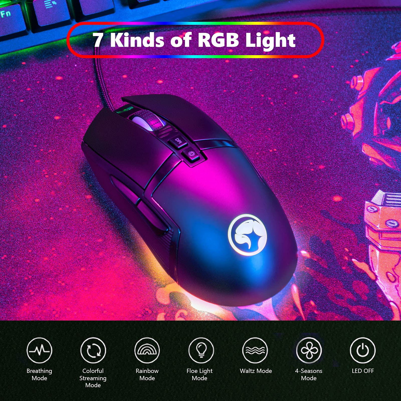 MARVO CM372 Mechanical Keyboard and Mouse Combo RGB Gaming 104 Keys Blue Switches Wired USB Keyboards with Gaming Mouse Pad, 6400 DPI Programmable Mouse with 7 Buttons for PC Gamer Computer Laptop