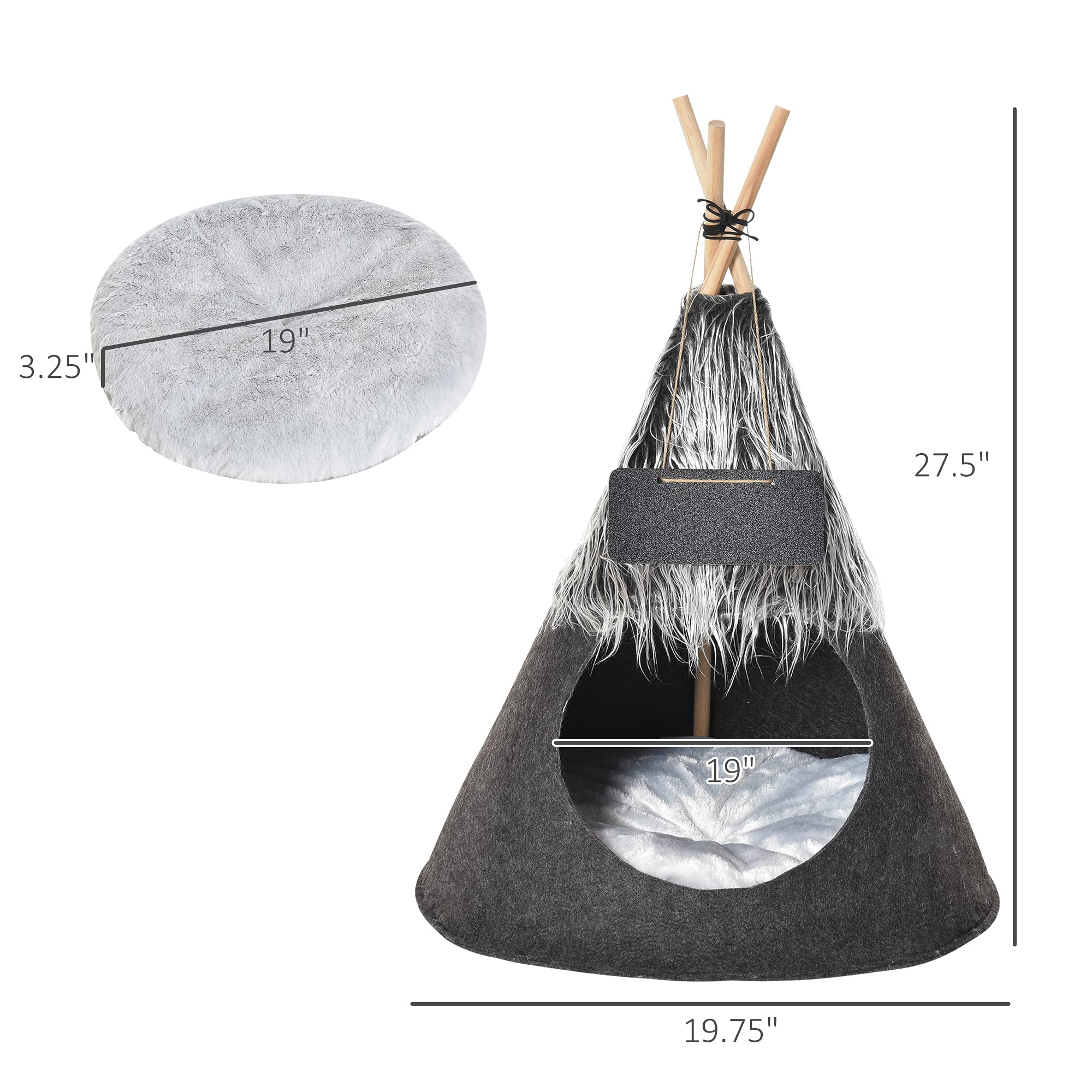 PawHut Pet Teepee Tent Cat Bed Dog House with Thick Cushion Chalkboard for Kitten and Puppy up to 13lbs 28inch Grey