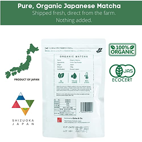 Ocha & Co. Japanese Tea - Organic Matcha Green Tea Powder - Traditional Stone Milled Japanese Matcha, 100g/3.5oz.