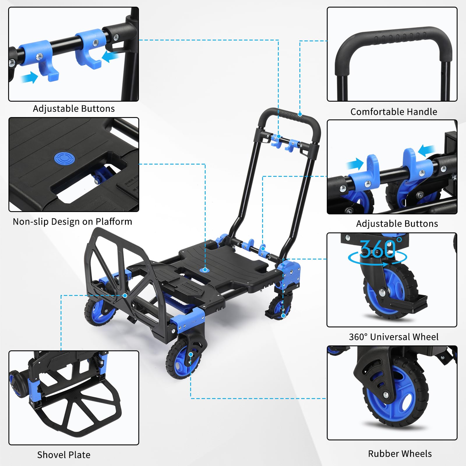 Winado 2-in-1 Folding Hand Truck, 330lbs Foldable Hand Truck Dolly, Height Adjustable Portable Dolly Cart with Wheels & Retractable Handle for Transportation, Shopping, Office, Home use - Blue