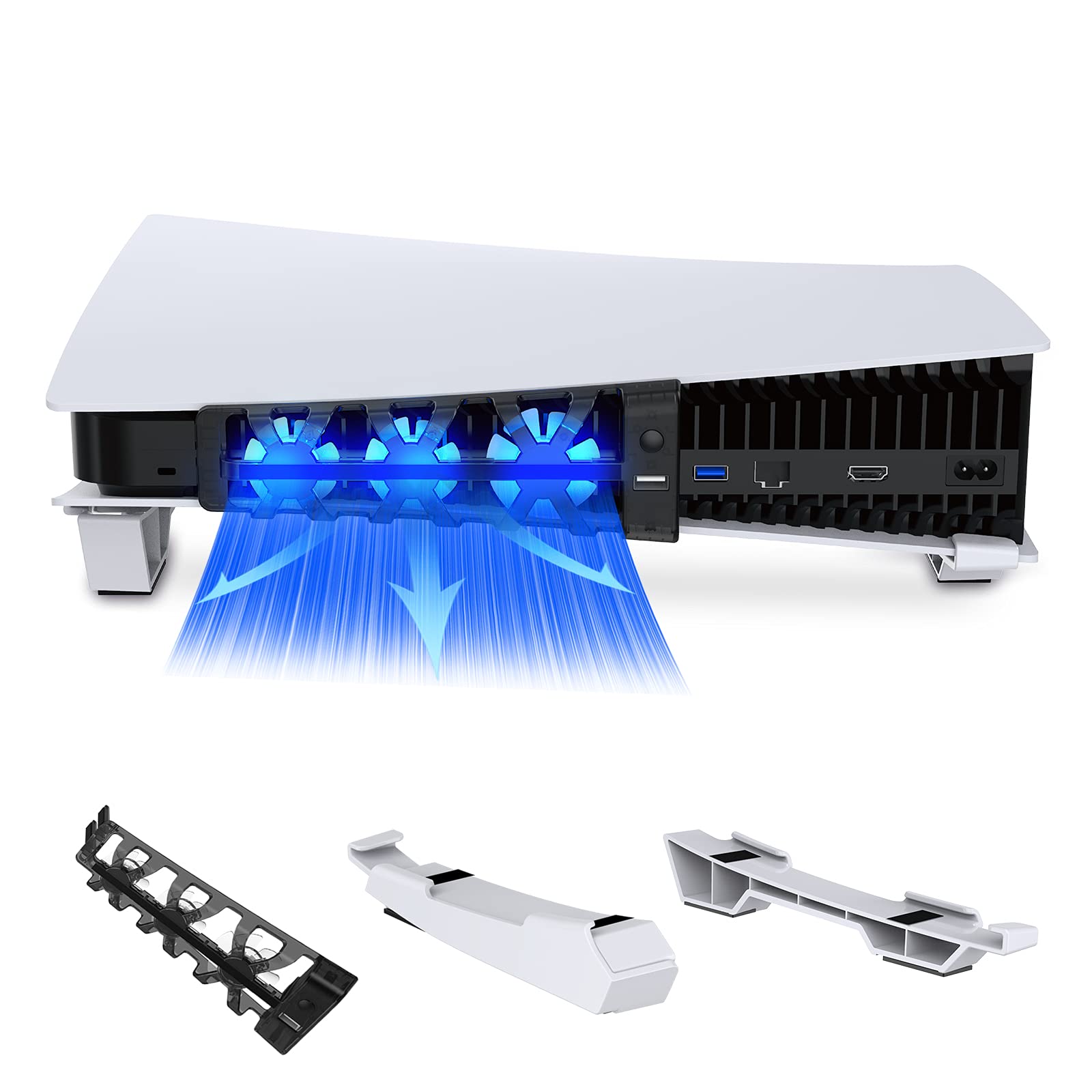 NexiGo PS5 Horizontal Stand with Cooling Fan, [Minimalist Design], Compatible with PlayStation 5 Disc & Digital Editions, Built-in LED Light, Extra USB Port, Easy to Install