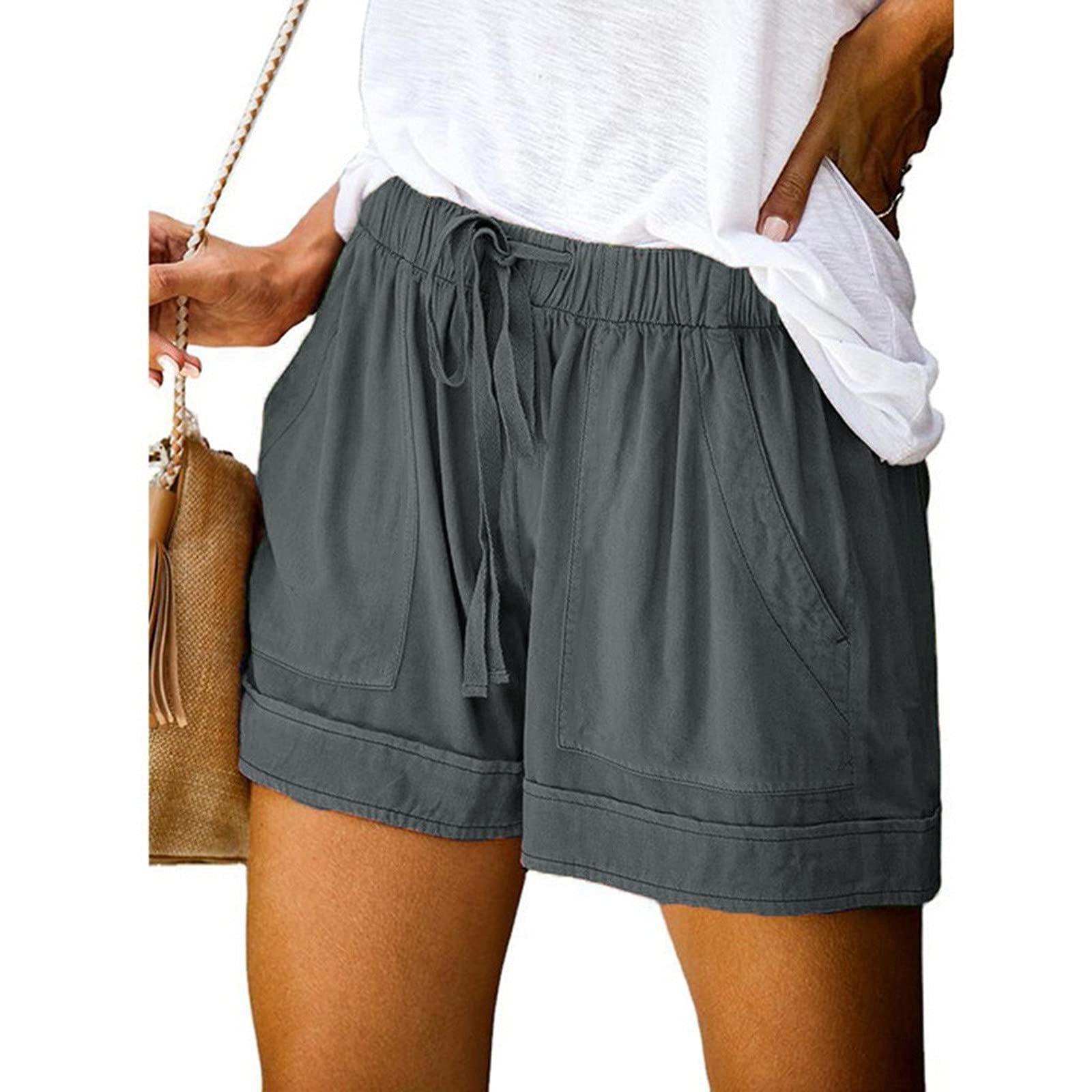 Shorts for Women Plus Size Loose Comfy Drawstring Short Pants Casual Elastic Waist Pocketed Summer Beach Workout Shorts Dark Gray
