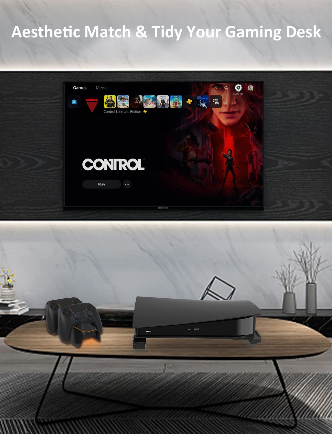 NexiGo PS5 Horizontal Stand with Controller Charger, PS5 Charging Station with LED Indicator, Fast Charging, PS5 Base Stand Compatible with Disc & Digital Editions