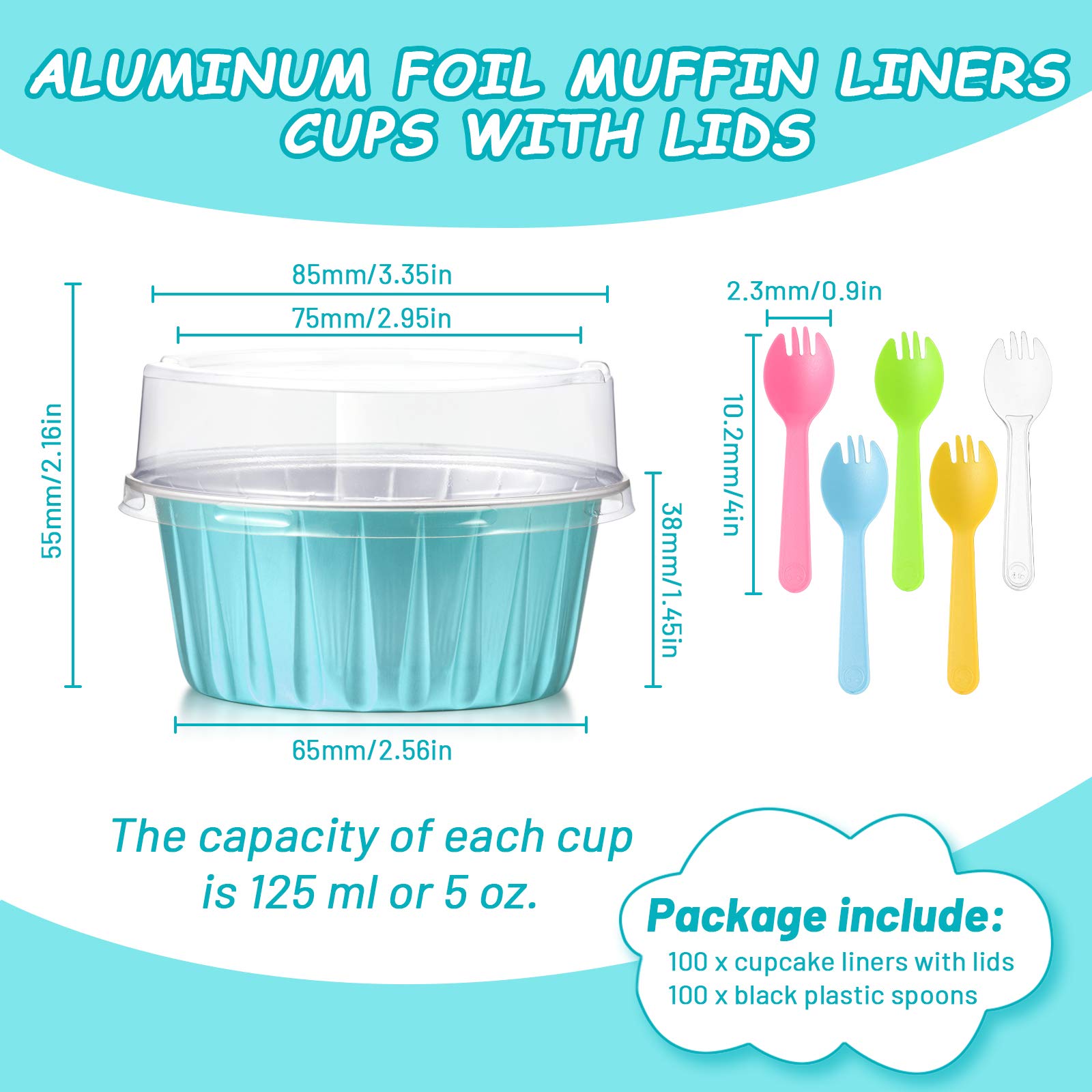 Suclain 5 OZ Aluminum Foil Baking Cups with Lids and Spoons Include Muffin Liners Cups Reusable Foil Cupcake Ramekins, Colorful Plastic Sporks for Birthday Wedding Party (Mixed Color,200 Pieces)