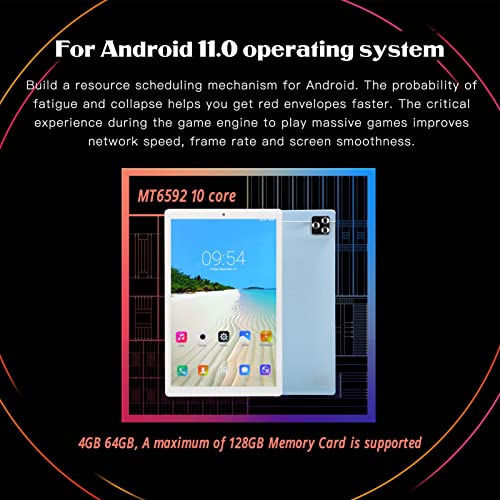 Yoidesu 10.1in Tablet, MT6592 10 Cores CPU HD Display Tablet for Android 10.0, 4G RAM 64GB ROM Storage, 2.4G and 5G WiFi, Front 800w Rear 1300w Camera Dual SIM, 8000mAh(US Plug)