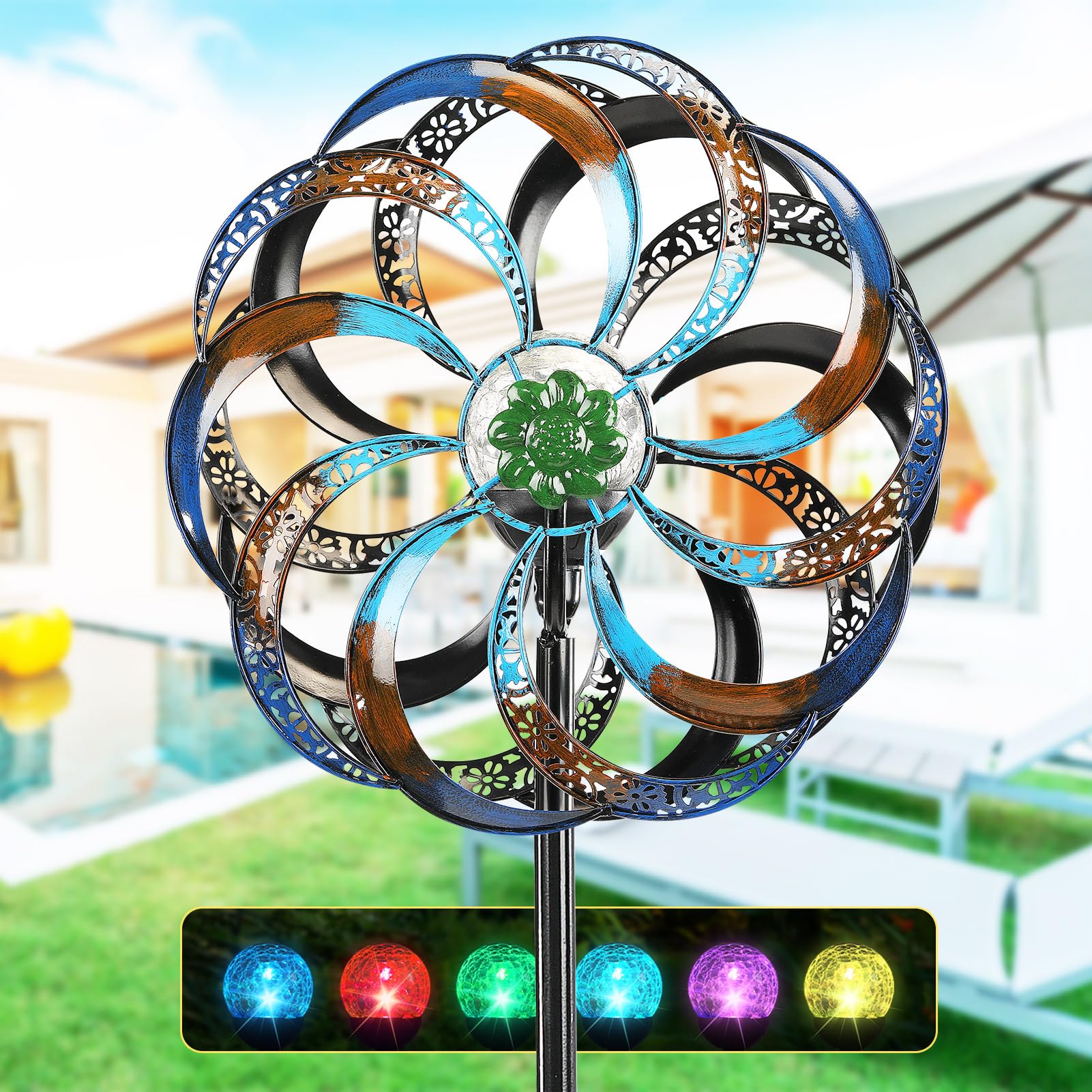 Wind Spinners for Yard and Garden Large-Wind Sculptures & Spinners-Metal Yard Kinetic Wind Spinner Art 75 in Multi-Color Led Glass Ball for Patios Parks Sidewalks Backyard Lawn Decorations