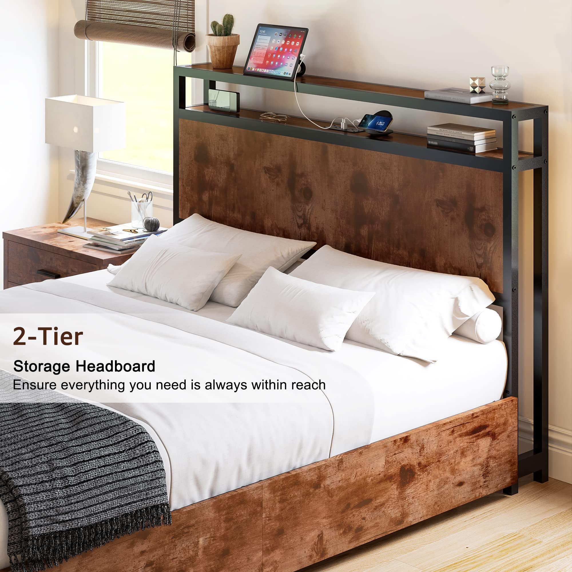 LUXOAK Queen Size Bed Frame with 4 Storage Drawers, Wooden Platform Bed with 2-Tier Storage Headboard and Charging Station, No Box Spring Needed/Noise Free/Rustic Brown
