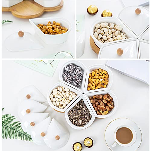 WMM 11 Inch Ceramic Divided Serving Dishes with Bamboo Tray and Lids, 5 Removable Snack Bowls Relish Tray for Candy, Nut, Fruits, Chips and Dip