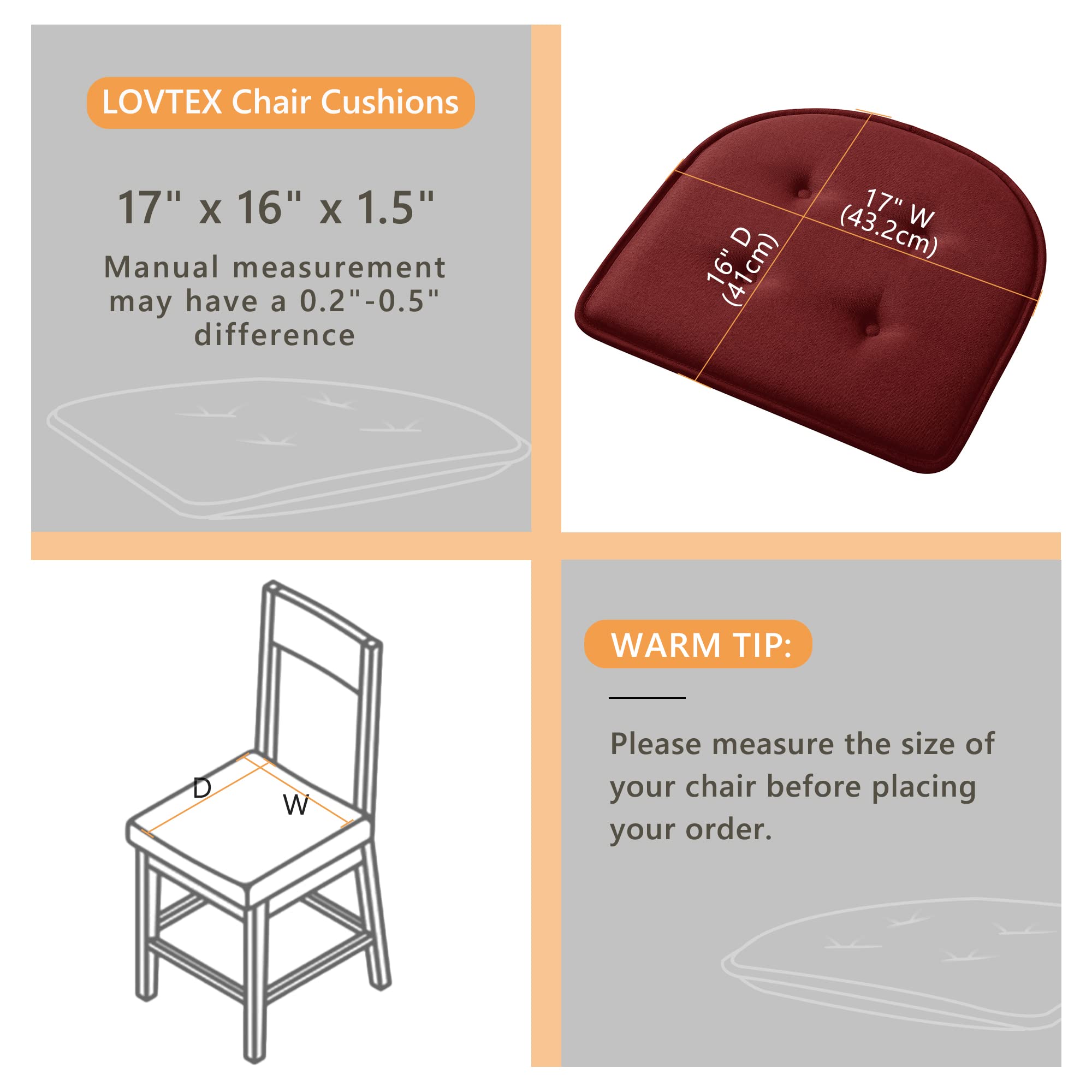 LOVTEX Kitchen Chair Cushions Set of 6, Non Slip Chair Pads for Dining Chairs 6 Pack, Black 17 x 16 Tufted Memory Foam Seat Cushions for Kitchen Chairs