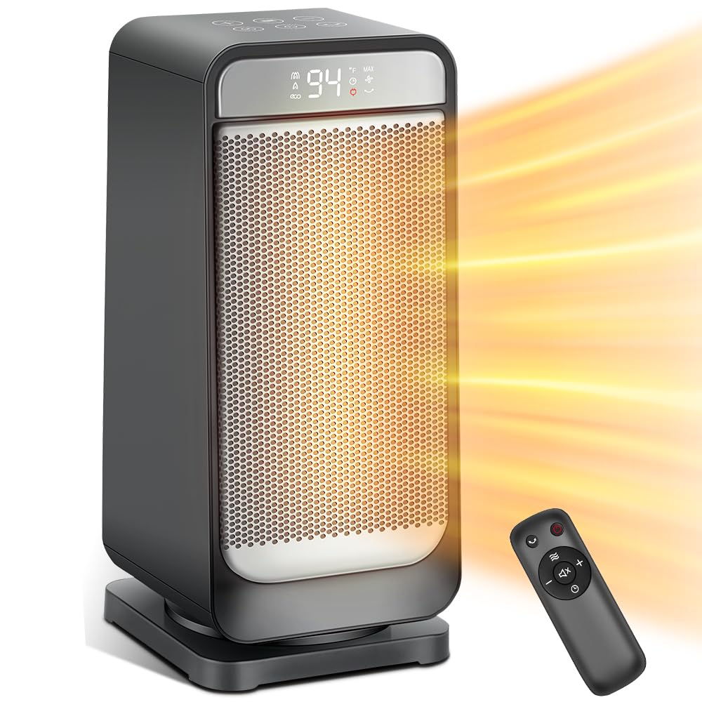 Wind Talk Space Heaters for Indoor Use, 1500W Ceramic Electric Heater, Portable Heater with Thermostat, Oscillating Room Tower Heater Safety for Office Bedroom Use with 4 Modes, 24h Timer, LED Display
