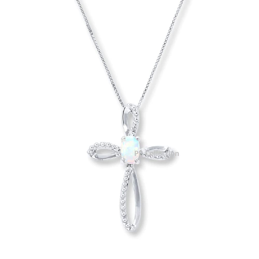 PB Collection Created Oval Opal Infinity Love Cross Religious Necklaces Crucifix Pendant for Teens or Women