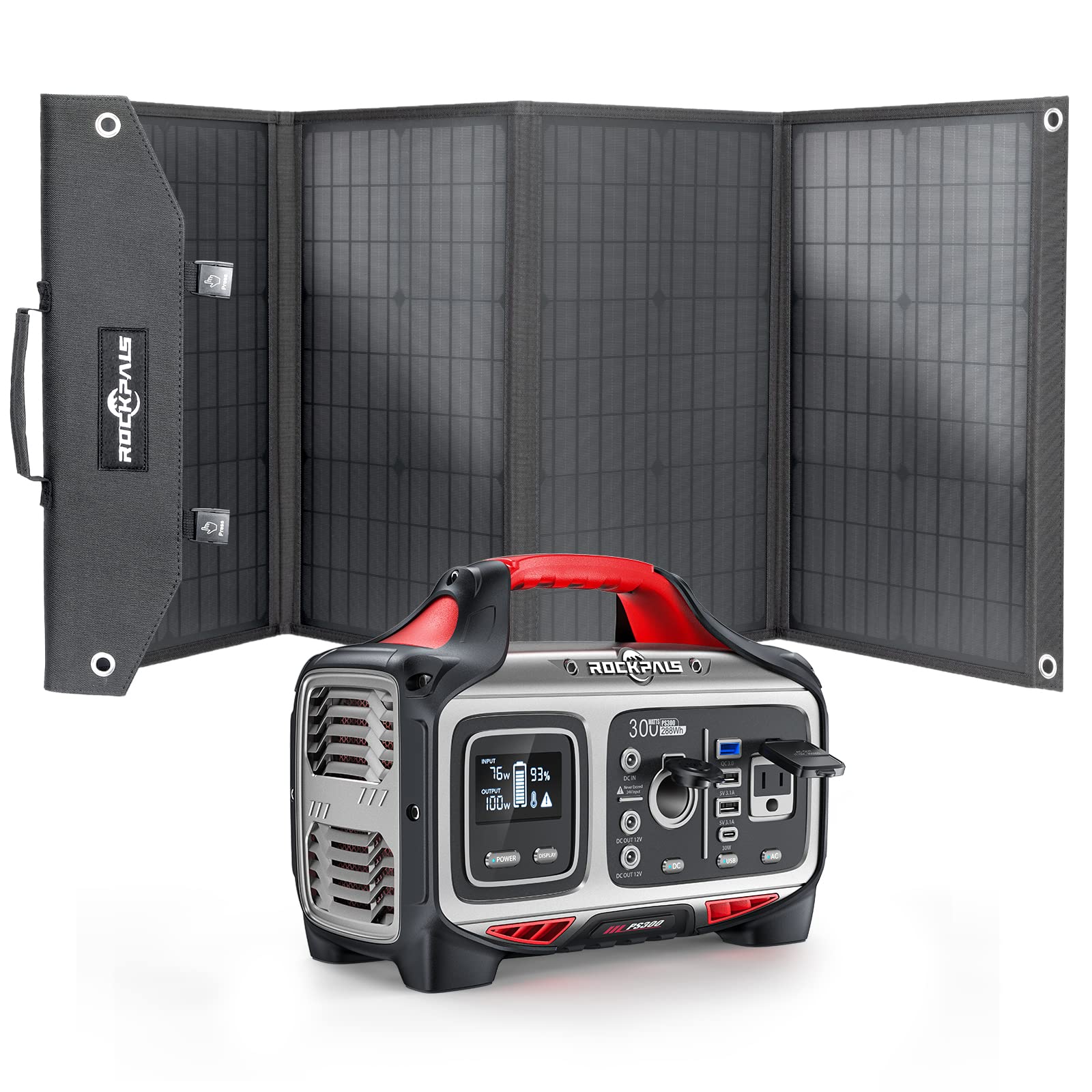 ROCKPALS 300W Portable Power Station with 100W Solar Panel, Solar Generator with Panel Included for Backup Power, Outdoor Adventure and Camping