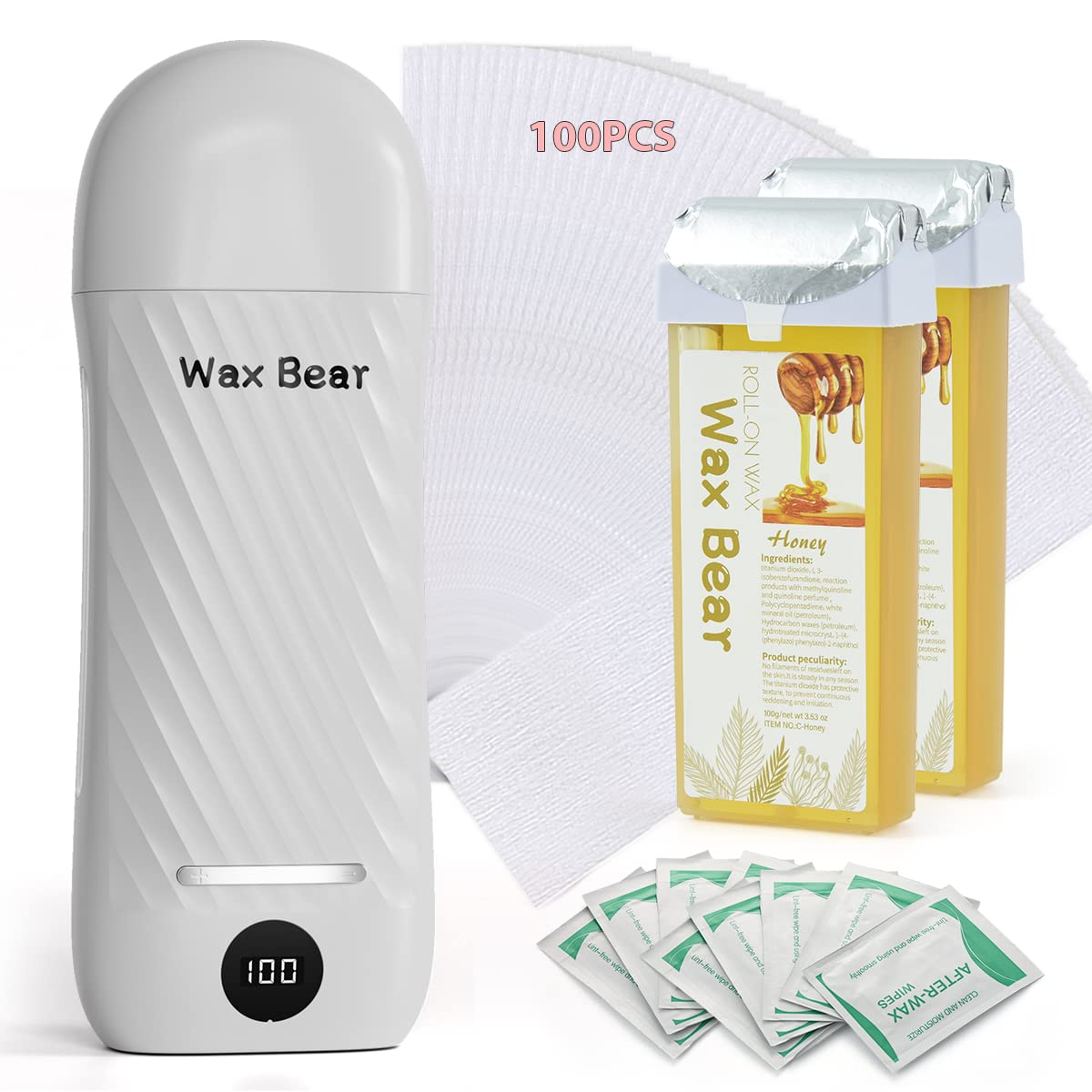 Wax Bear Roll on Wax Warmer Kit with Honey Wax Cartridges for Coarse Hair Removal - Professional At-Home Waxing